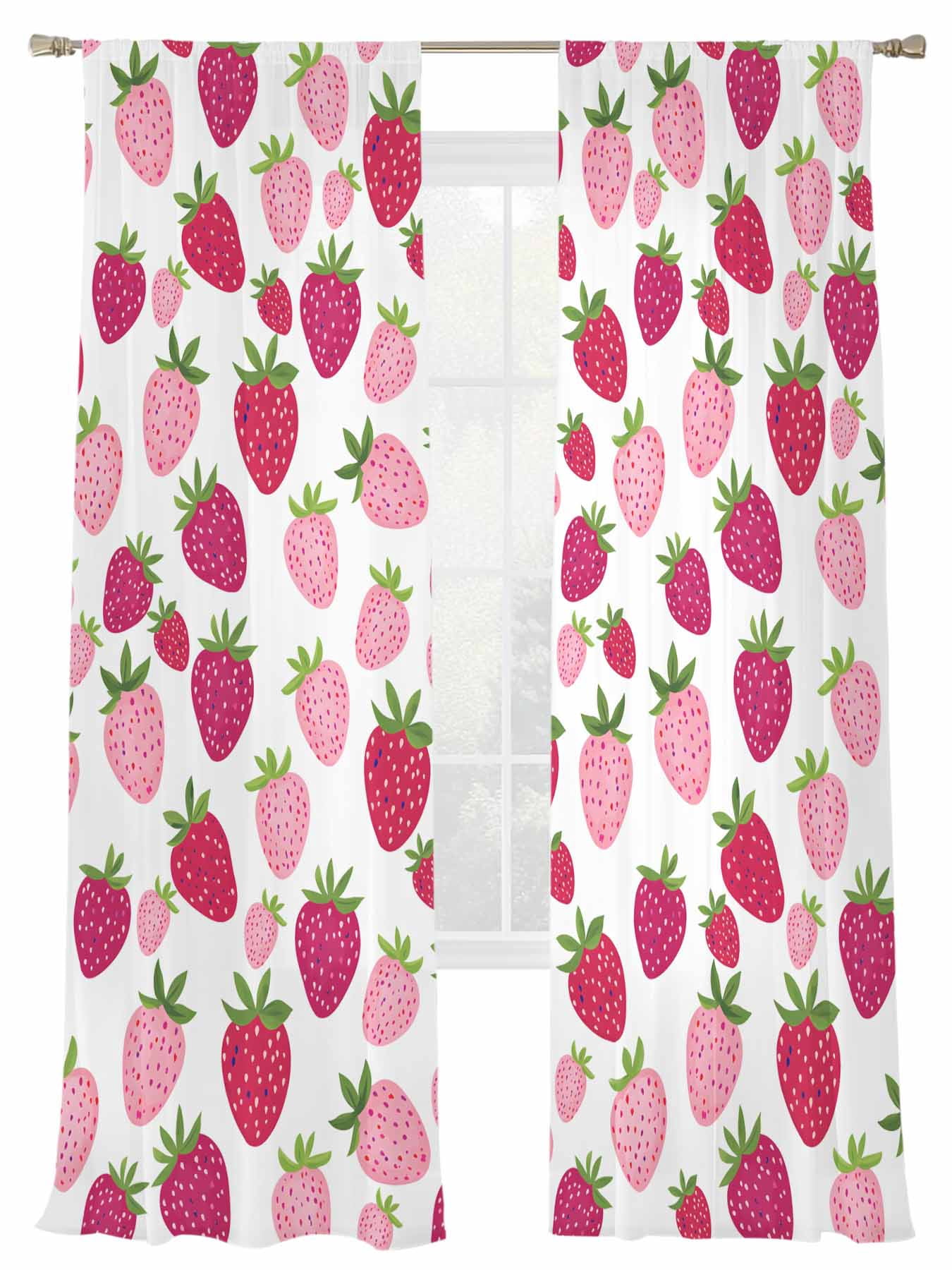 Red Strawberry Sheer Curtains 2 Panels Set Green Leaf Pastoral Fruit ...