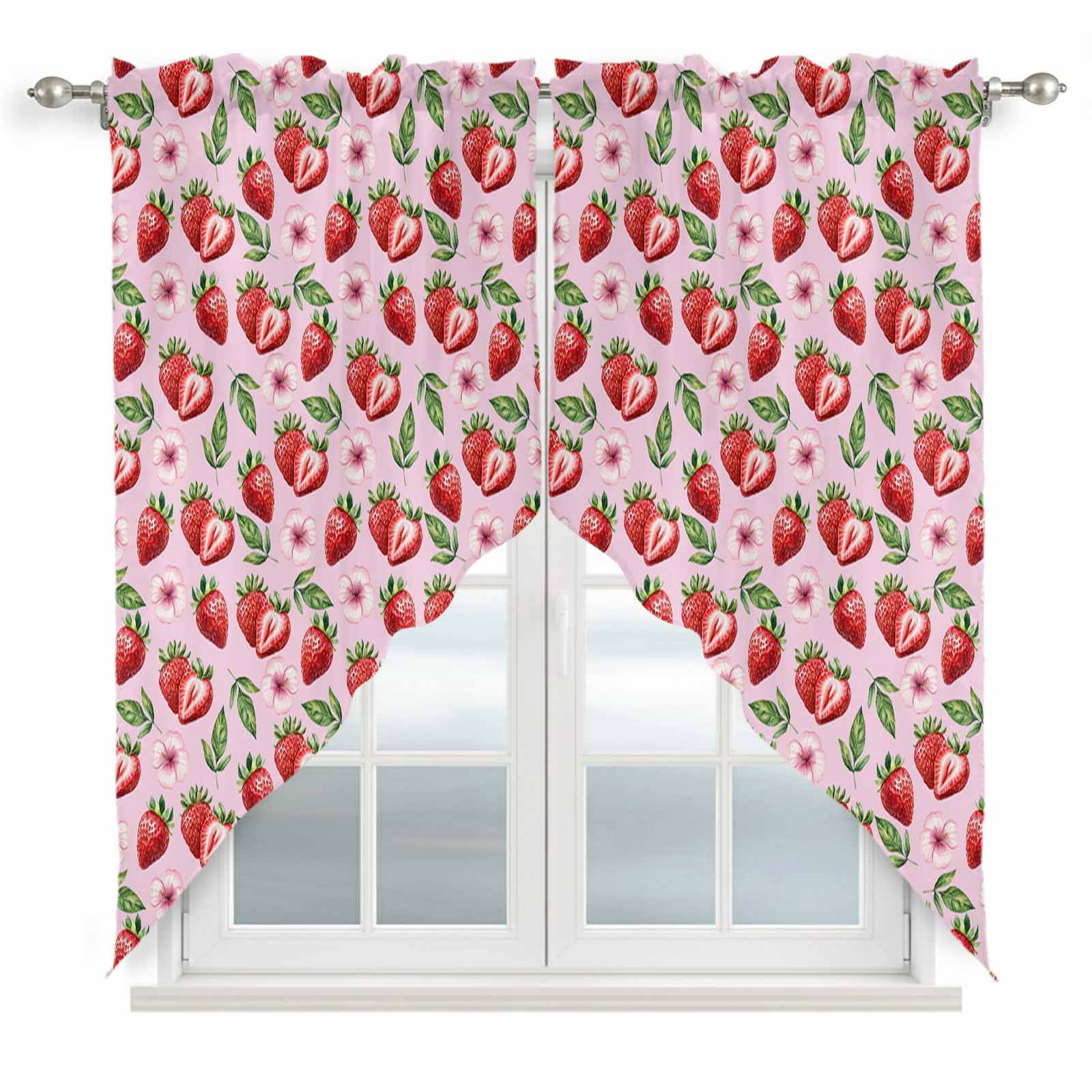 Red Strawberry Swag Curtains Summer Fruit Green Leaf Pink Watercolor ...