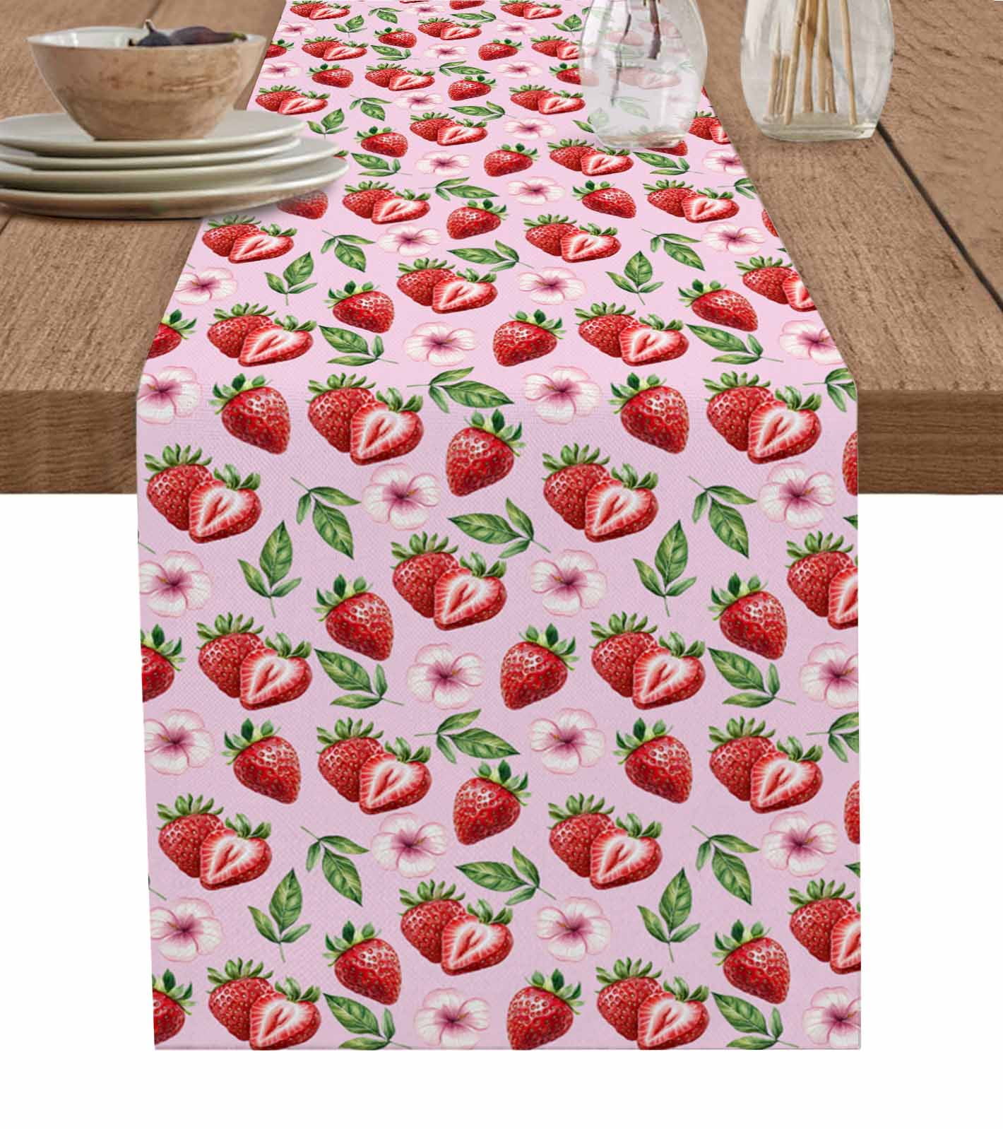 Red Strawberry Table Runner 72 Inches, Summer Fruit Green Leaf Pink ...