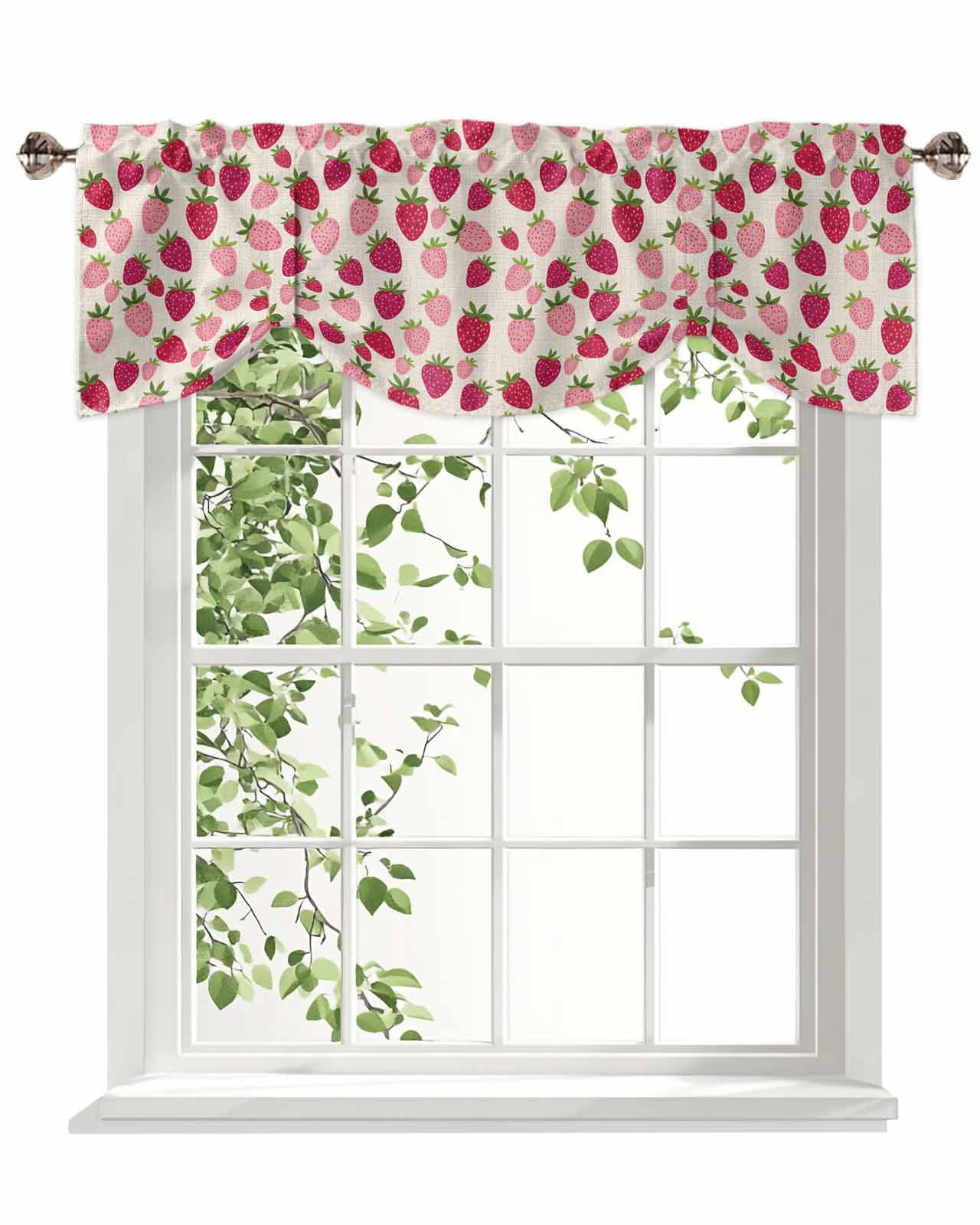Red Strawberry Tie Up Valances Curtain, Adjustable Kitchen Green Leaf ...