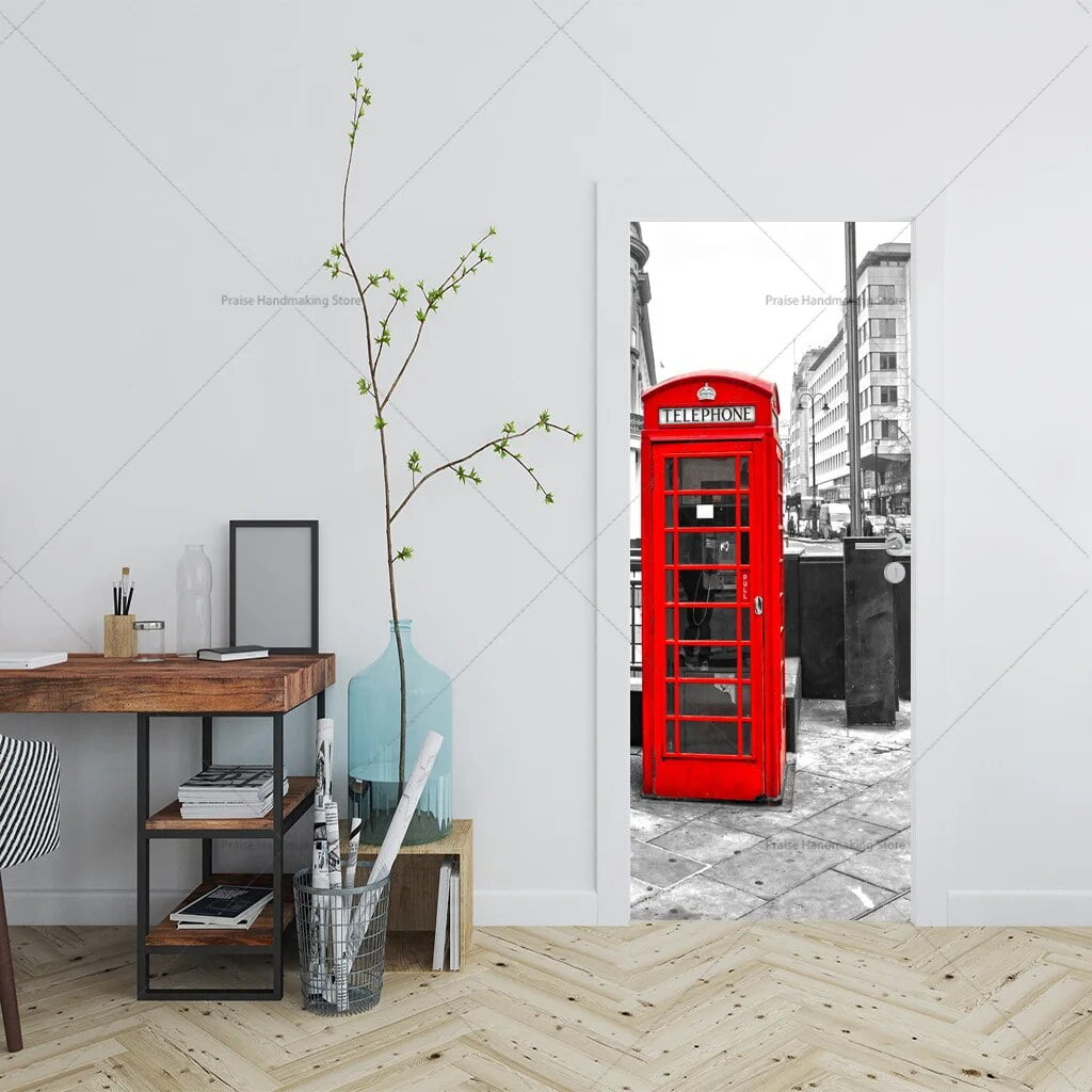 Red Street Telephone Booth Door Stickers Living Room Entrance Wall ...