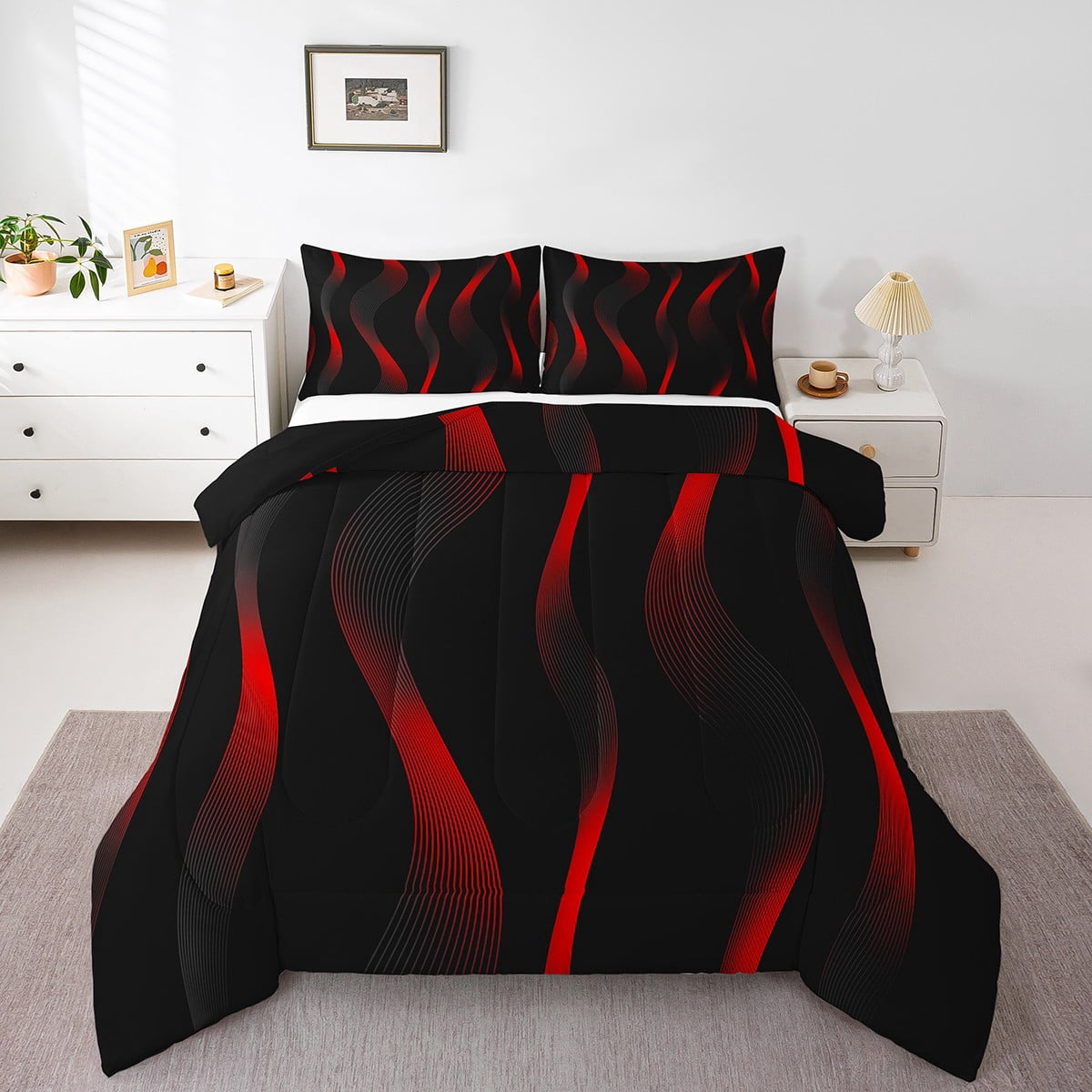 Red Stripe Bedding Set Twin Size Abstract Geometry Comforter Set Adults ...
