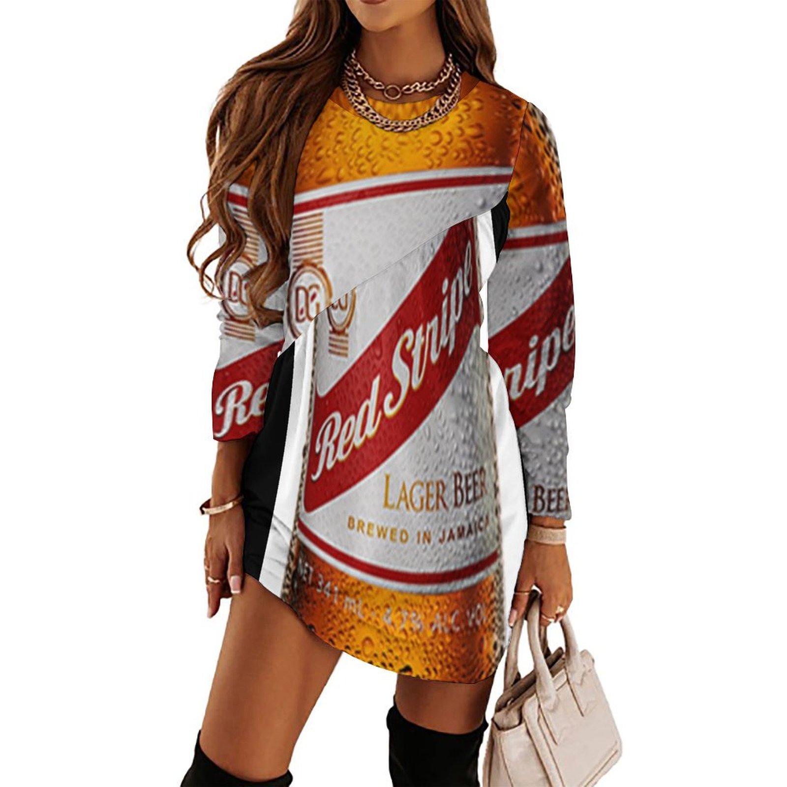 Red Stripe Cold Lager Beer Bottle Long Sleeved Dress women"s fashion ...