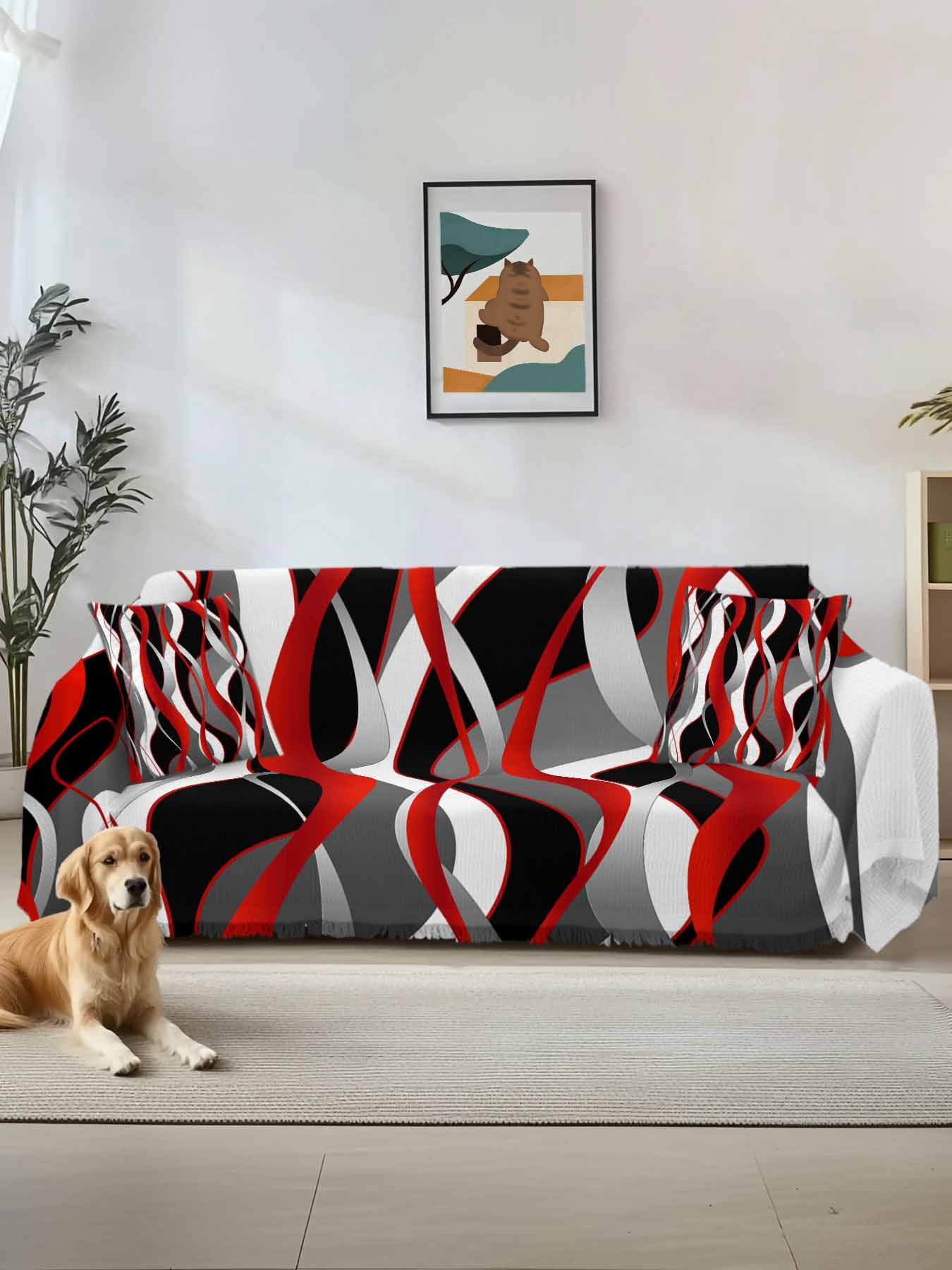 Red Stripe Couch Cover for 2 Cushion Sofa, Grey White Ombre Geometric ...