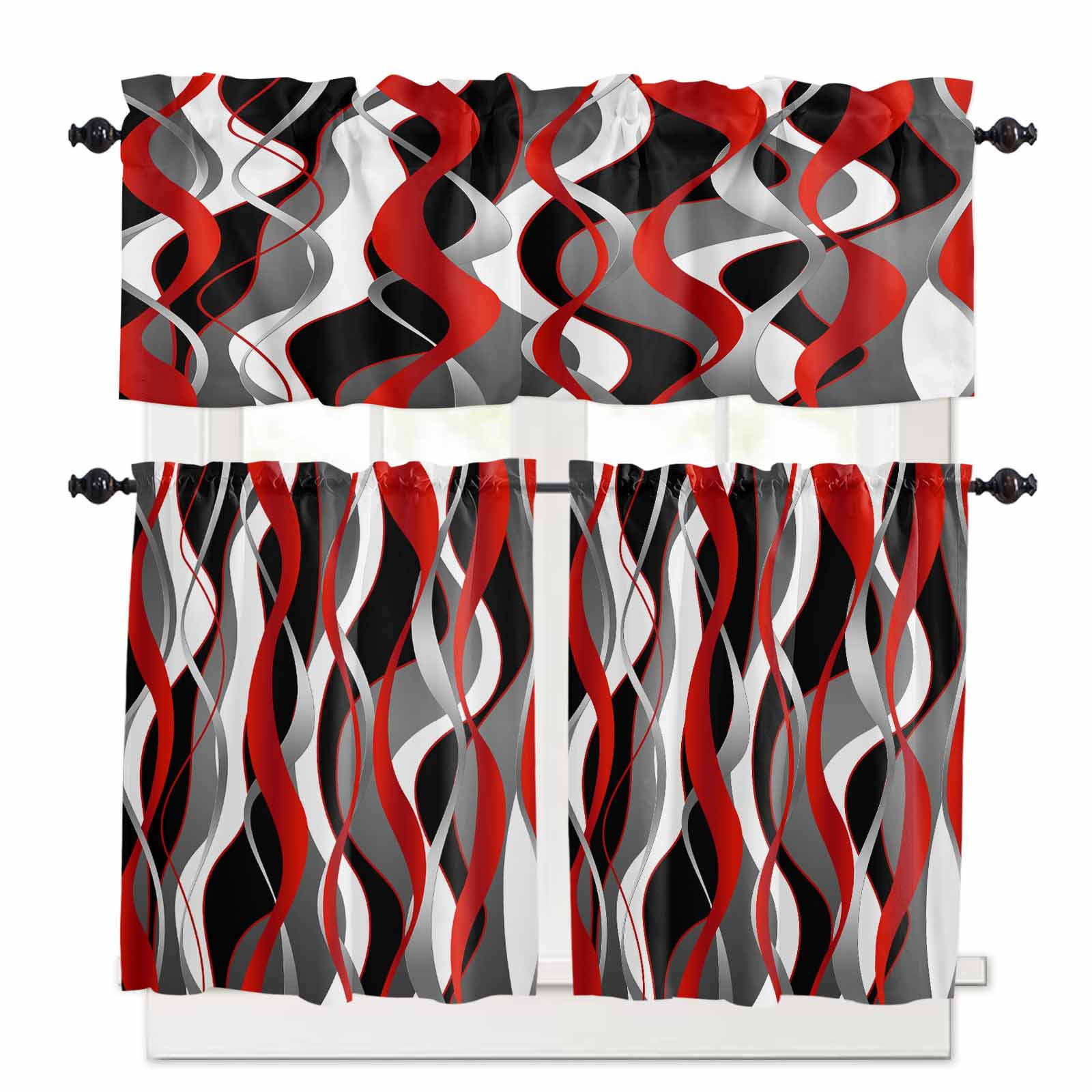 Red Stripe Kitchen Curtains Set for Windows 3 Pieces,36 Inch Length ...