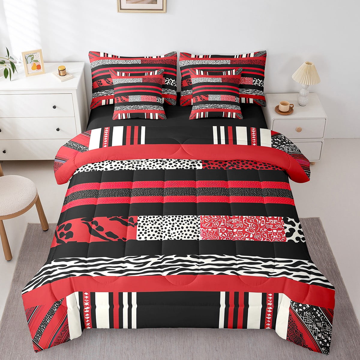 Red Striped Bed in a Bag Full 7 Pieces,Leopard Print Zebra Stripes Comforter Set Reversible ...