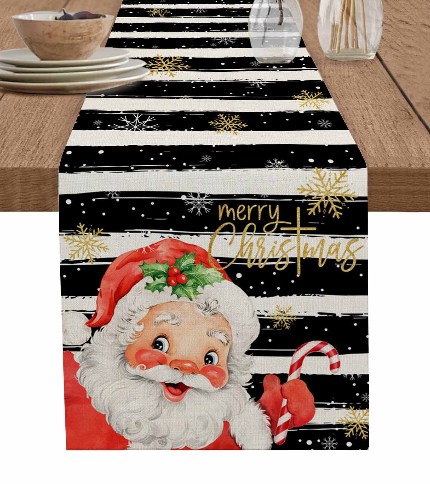 Red Striped Christmas Table Runner 70 Inches, Santa Xmas Snowflake ...