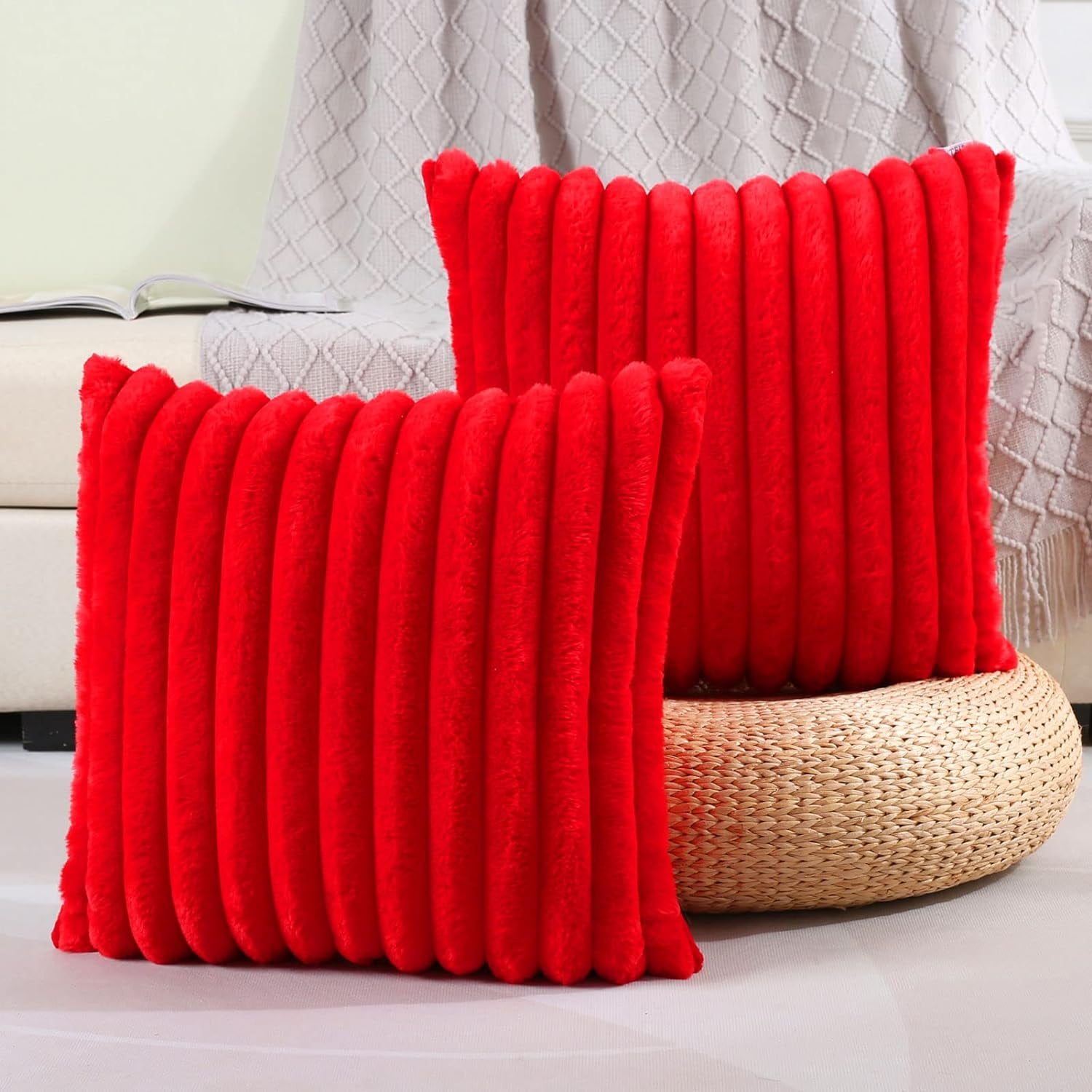 Red Striped Decorative Throw Pillow Covers 18x18 Inch Set of 2,Square ...