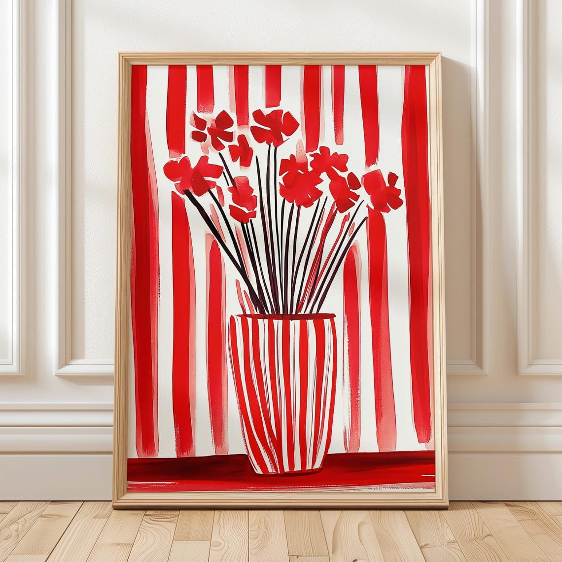 Red Striped Flower Vase Art, Minimalist Wall Print, Modern Floral ...