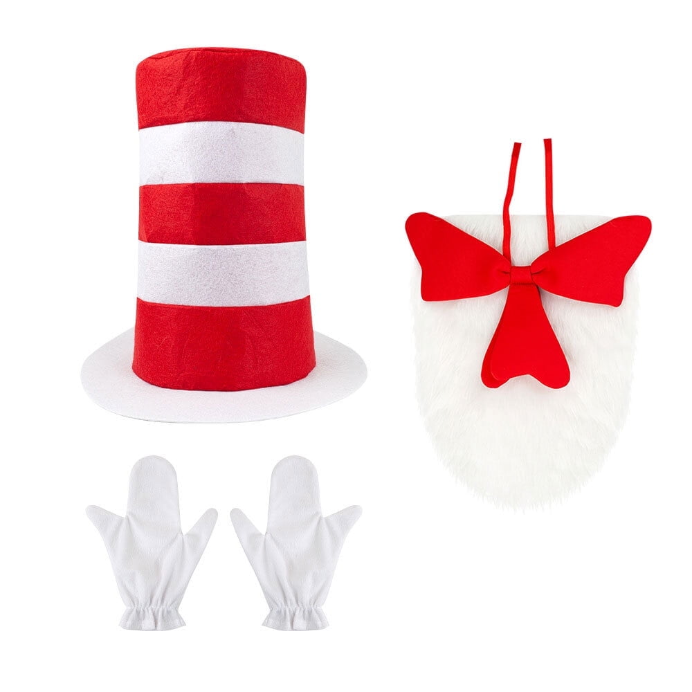 Red Striped Hat White Gloves White Furry Cloth Red Bow 3 Pack Halloween Cosplay Costume ...