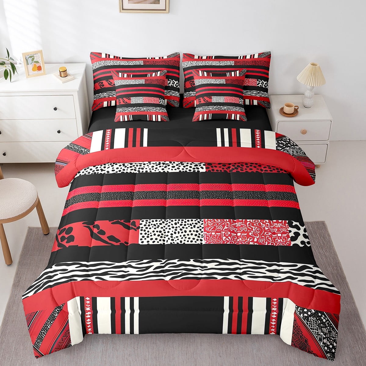 Red Striped King Comforter Set,7 Pieces Leopard Print Zebra Stripes ...