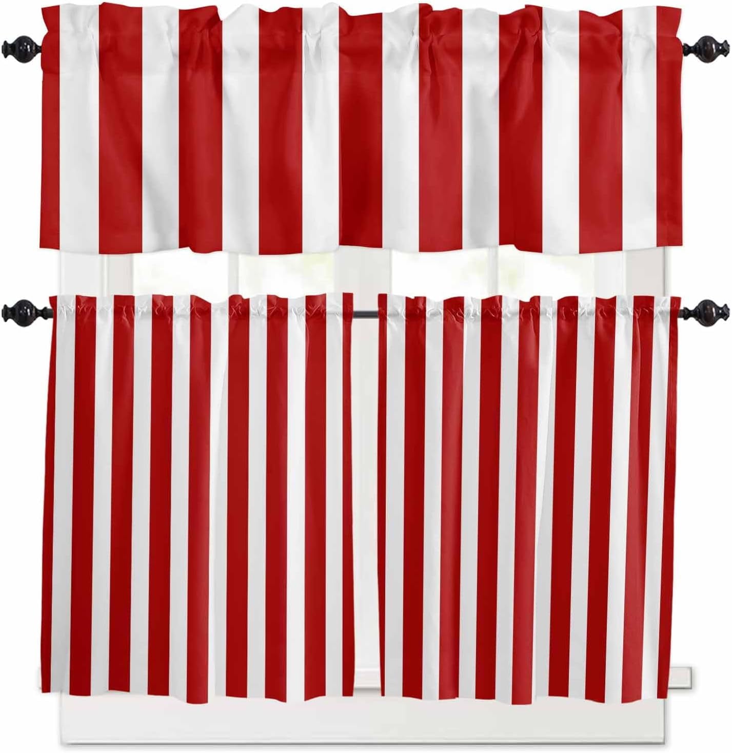 Red Striped Kitchen Curtains Set Short Half Curtains 36 Inches Length ...