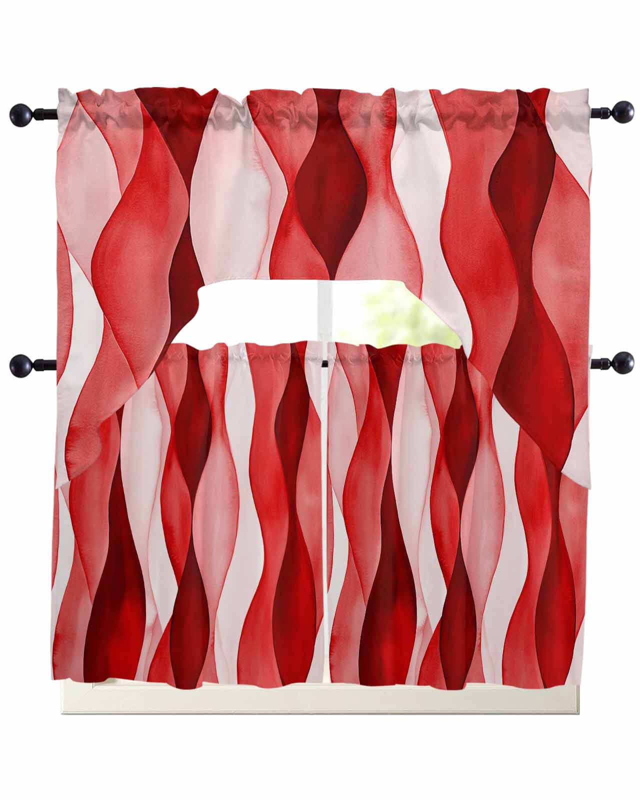 Red Striped Kitchen Curtains Swag Valance and Tier Curtains Set 36 Inch ...