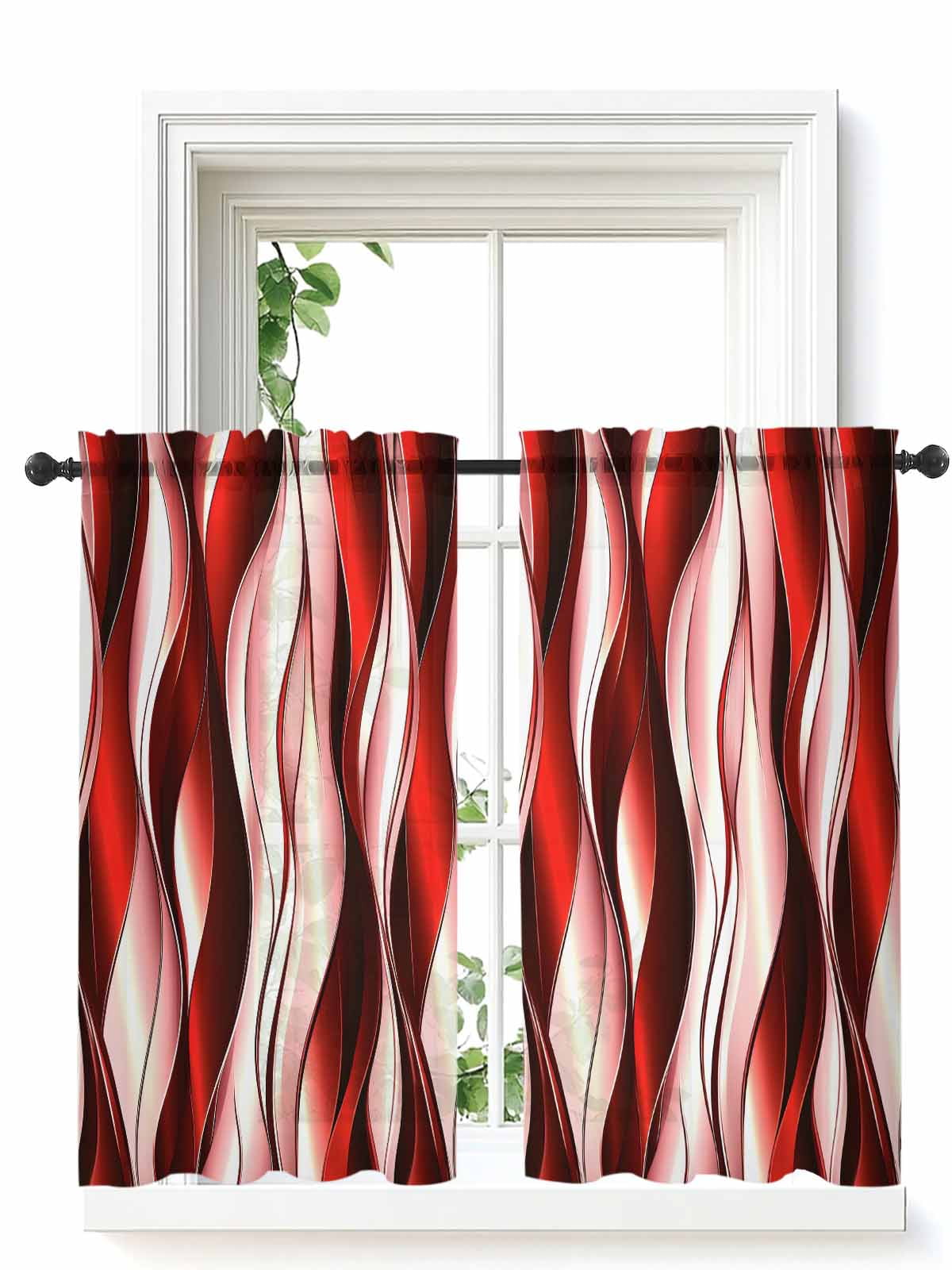 Red Striped Ombre Tier Curtains 45 Inch Length, Sheer Curtains for ...