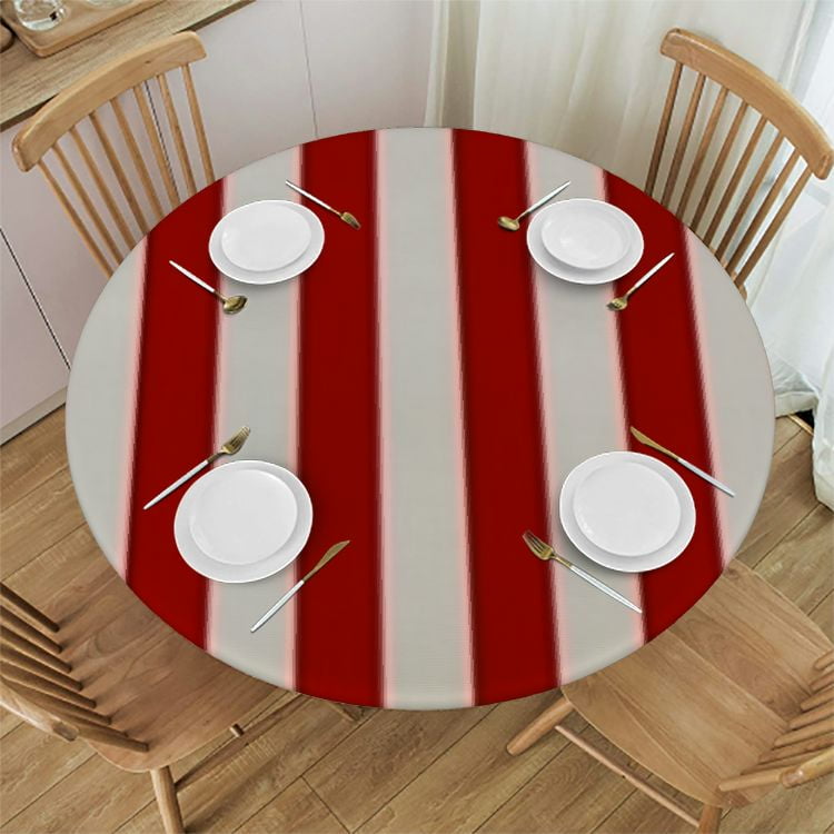 Red Striped Round Tablecloth, Farmhouse Fitted Table Cover with Elastic ...