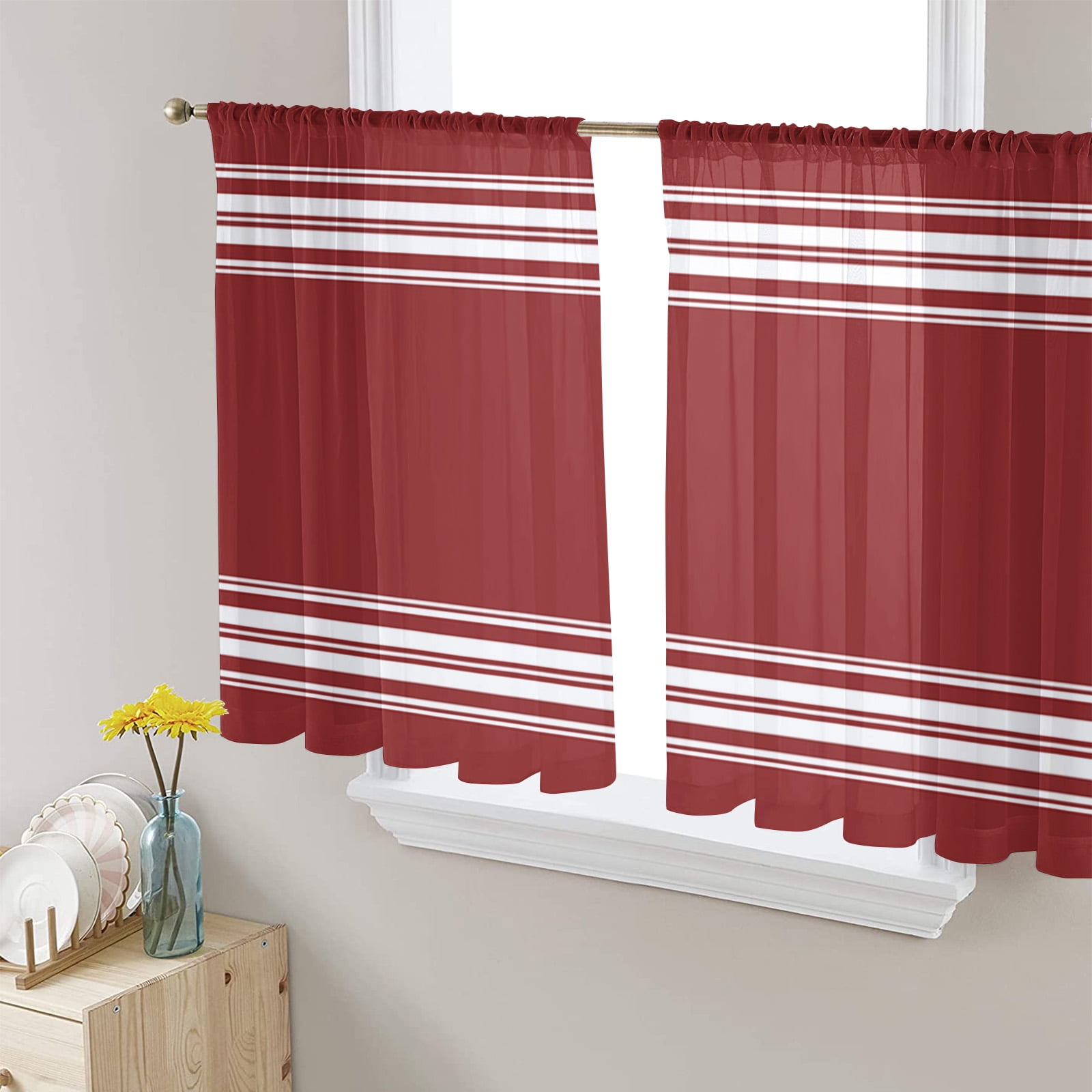 Red Striped Sheer Curtains 54 Inch Length 2 Panels Set for Living Room ...