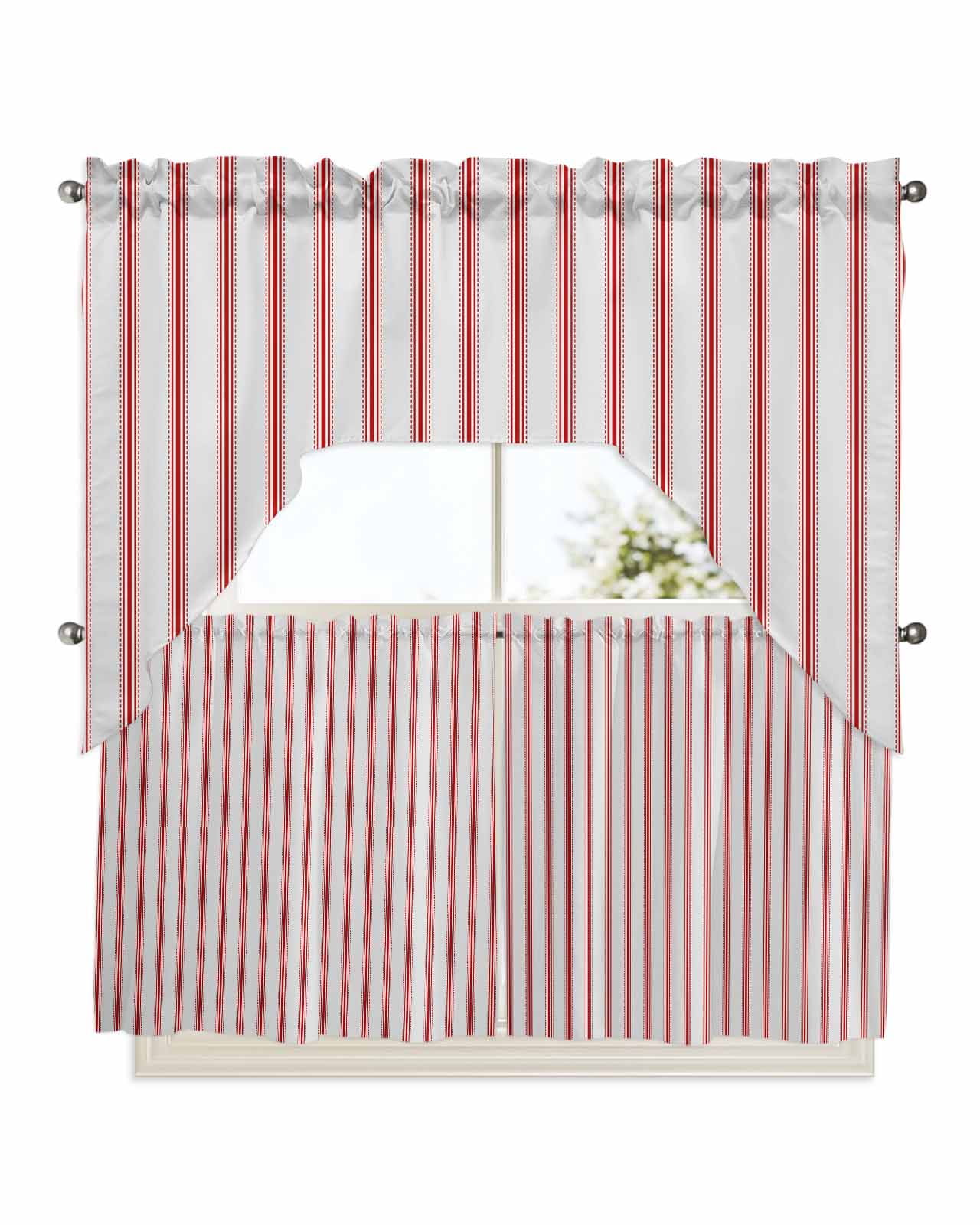 Red Striped Swag Valance and Tier Curtains 24'' Length Set, Red White ...