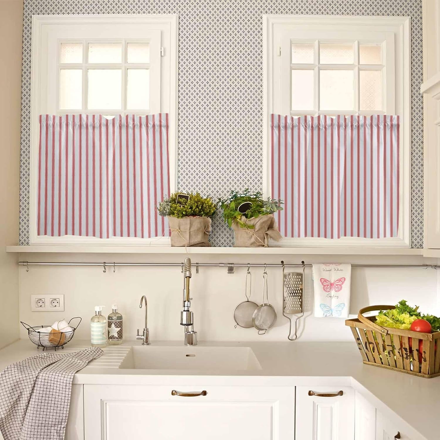 Red Striped Window Tier Curtains 36 Inch Length, Farmhouse Modern Red ...