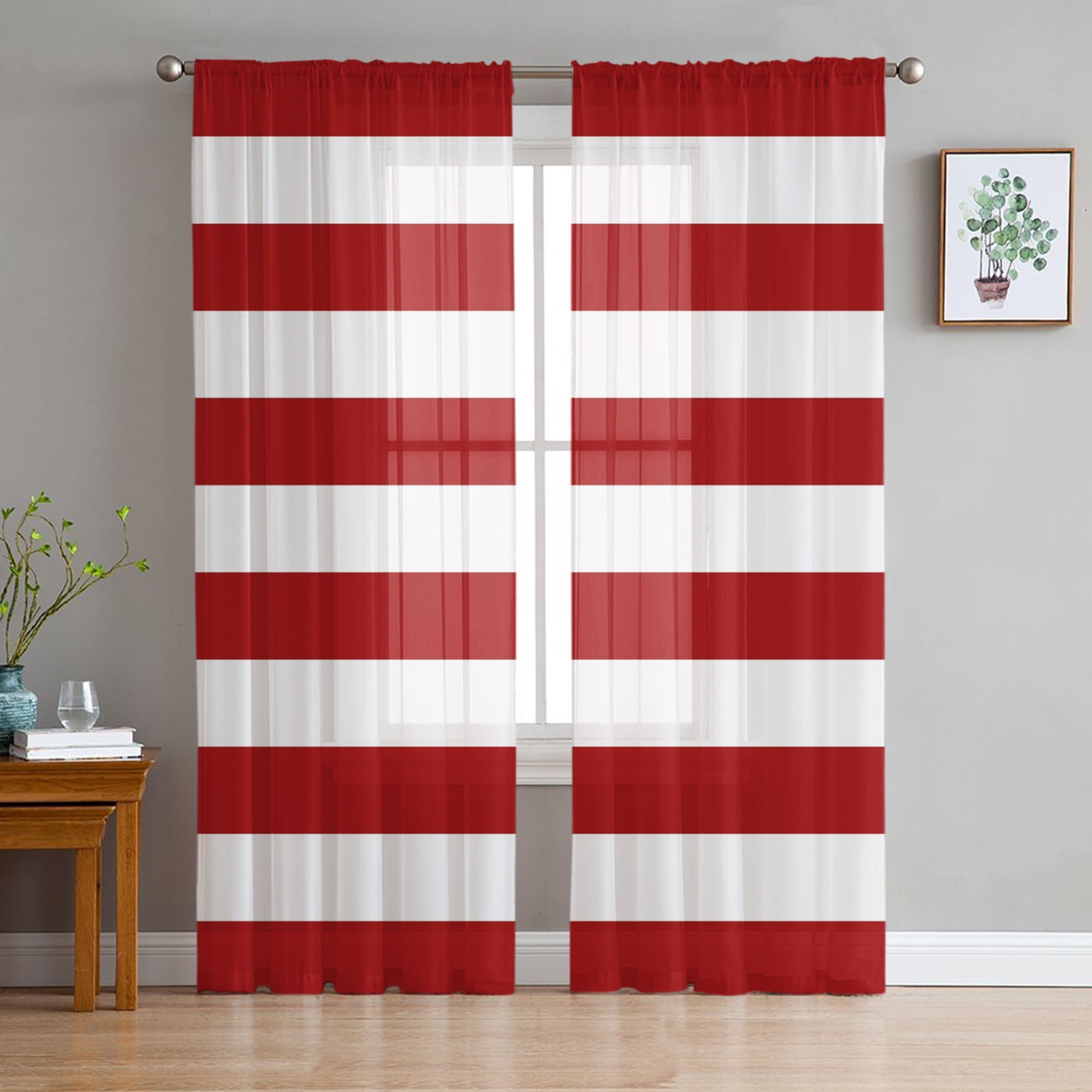 Red Stripes Sheer Curtains 72 Inches Long 2 Panels Set, Window Sheer ...