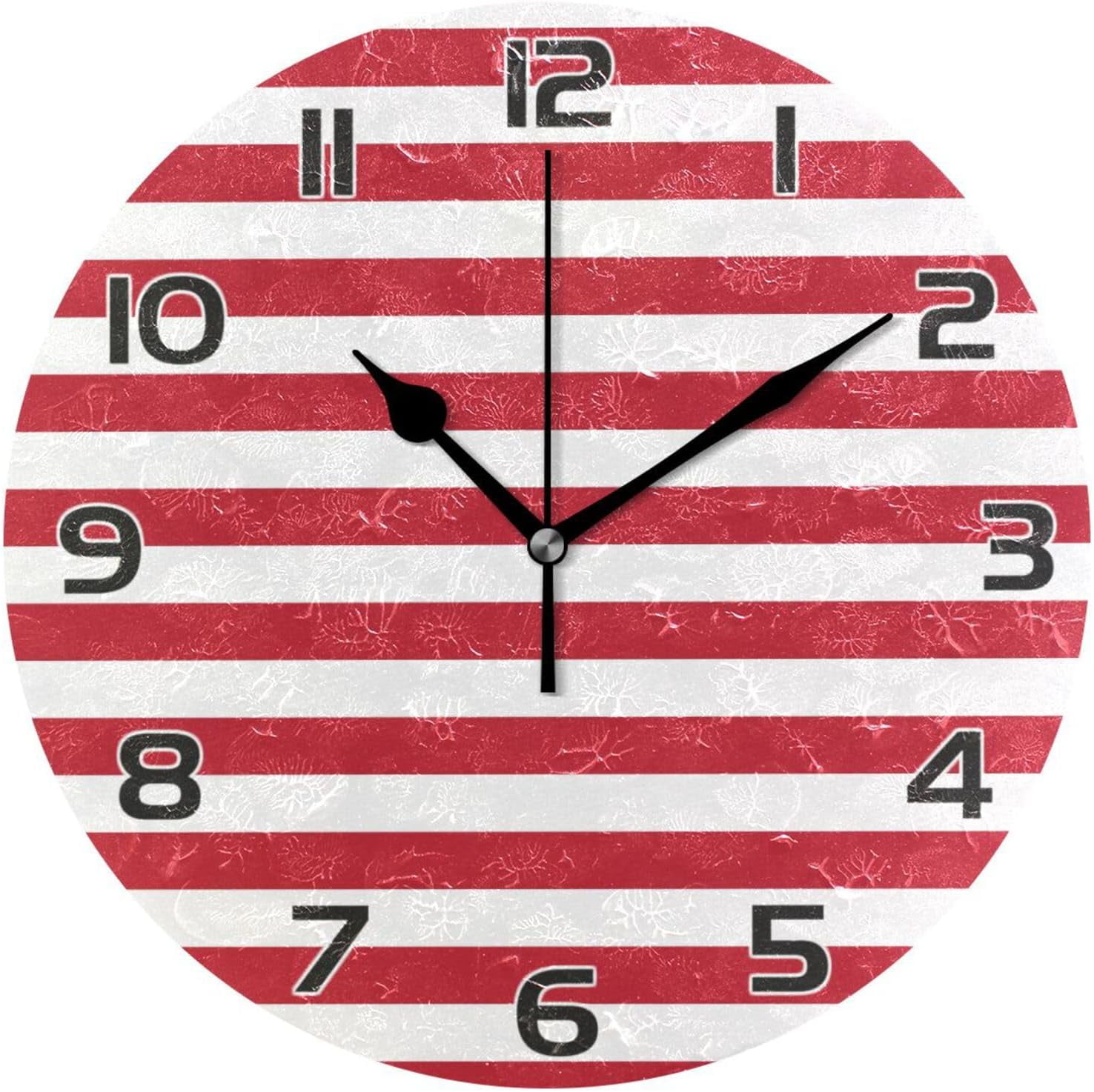 Red Stripes Wall Clock Round Vintage Silent Non Ticking Battery Operated Accurate Arabic ...