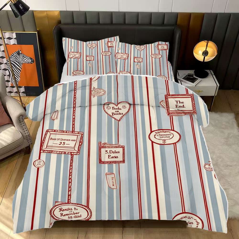 Red Stripes With Book Emblems Comforter Set Queen Size Bedding Set For ...