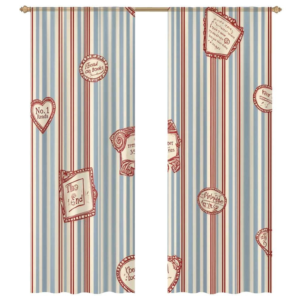 Red Stripes With Book Emblems Tulle Curtains For Living Room Chiffon ...