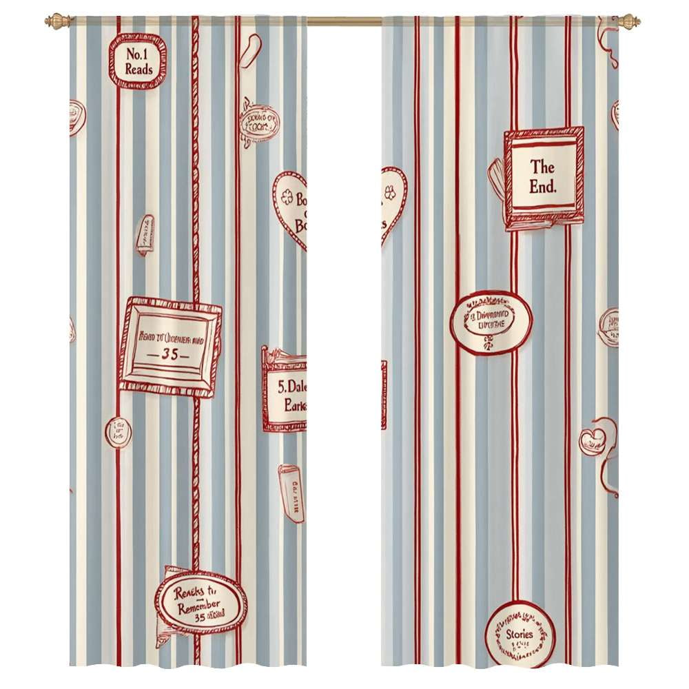 Red Stripes With Book Emblems Tulle Curtains For Living Room Chiffon ...