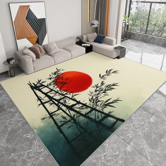 Red Sun Leaf Area Rugs, Ink Painting Plant Leaves Red Sun Carpet ...