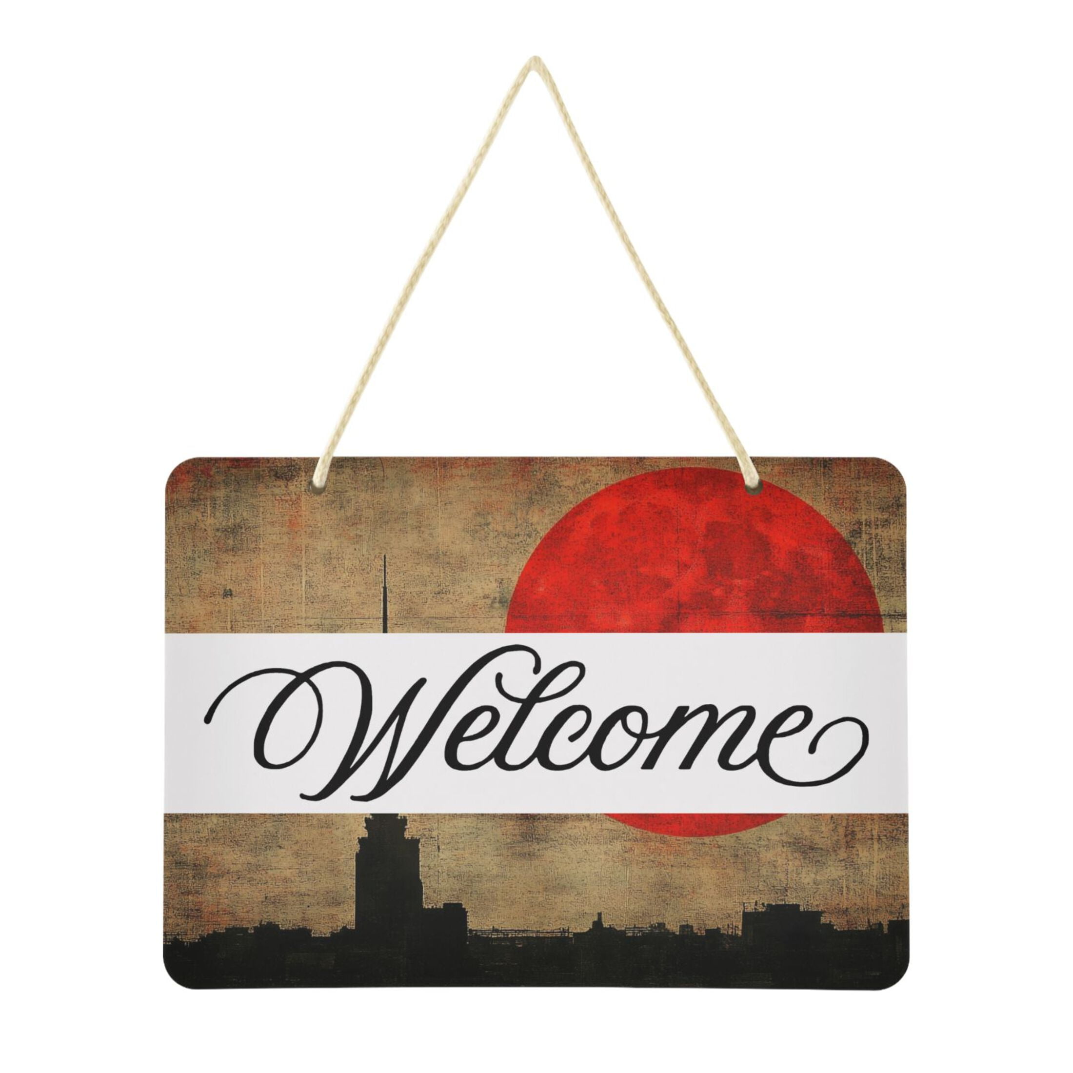 Red Sun and City Welcome Sign Front Door PVC 14x10 inch Hanger Hello ...