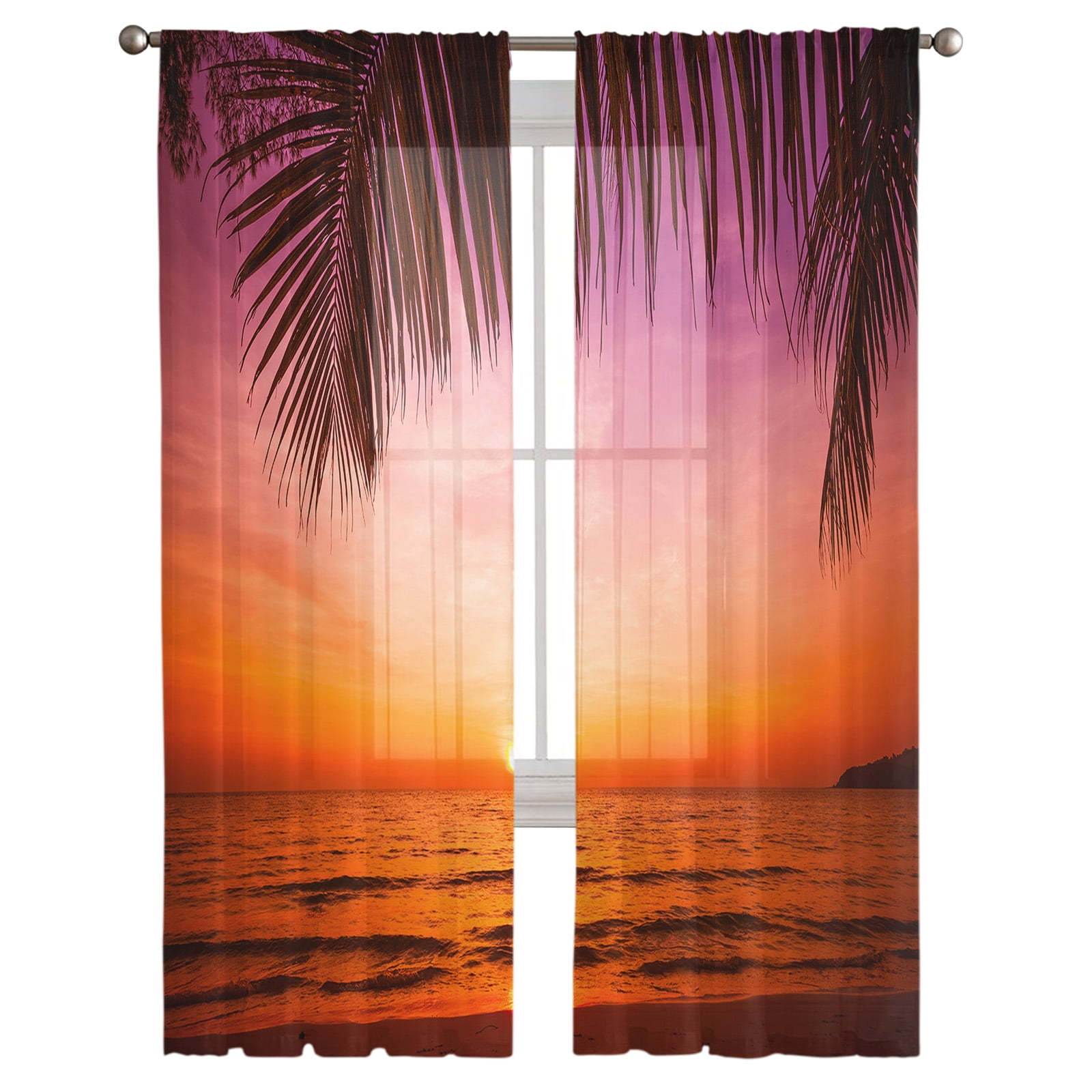 Red Sunset Beach Sheer Curtain for Living Room Bedroom Voile Drape ...