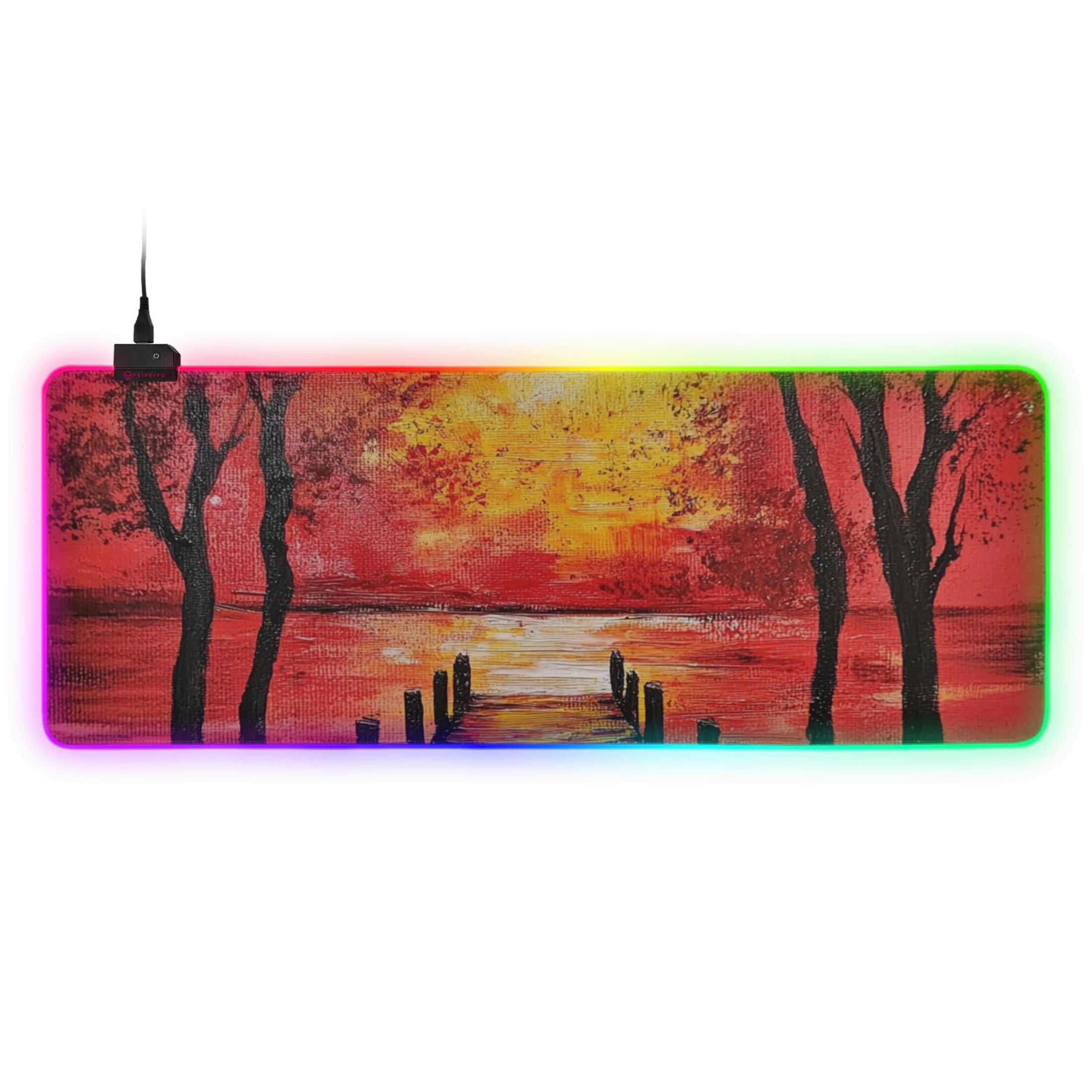 Red Sunset Oil Painting RGB Gaming Mouse Pad Large Keyboard Mat Rubber ...
