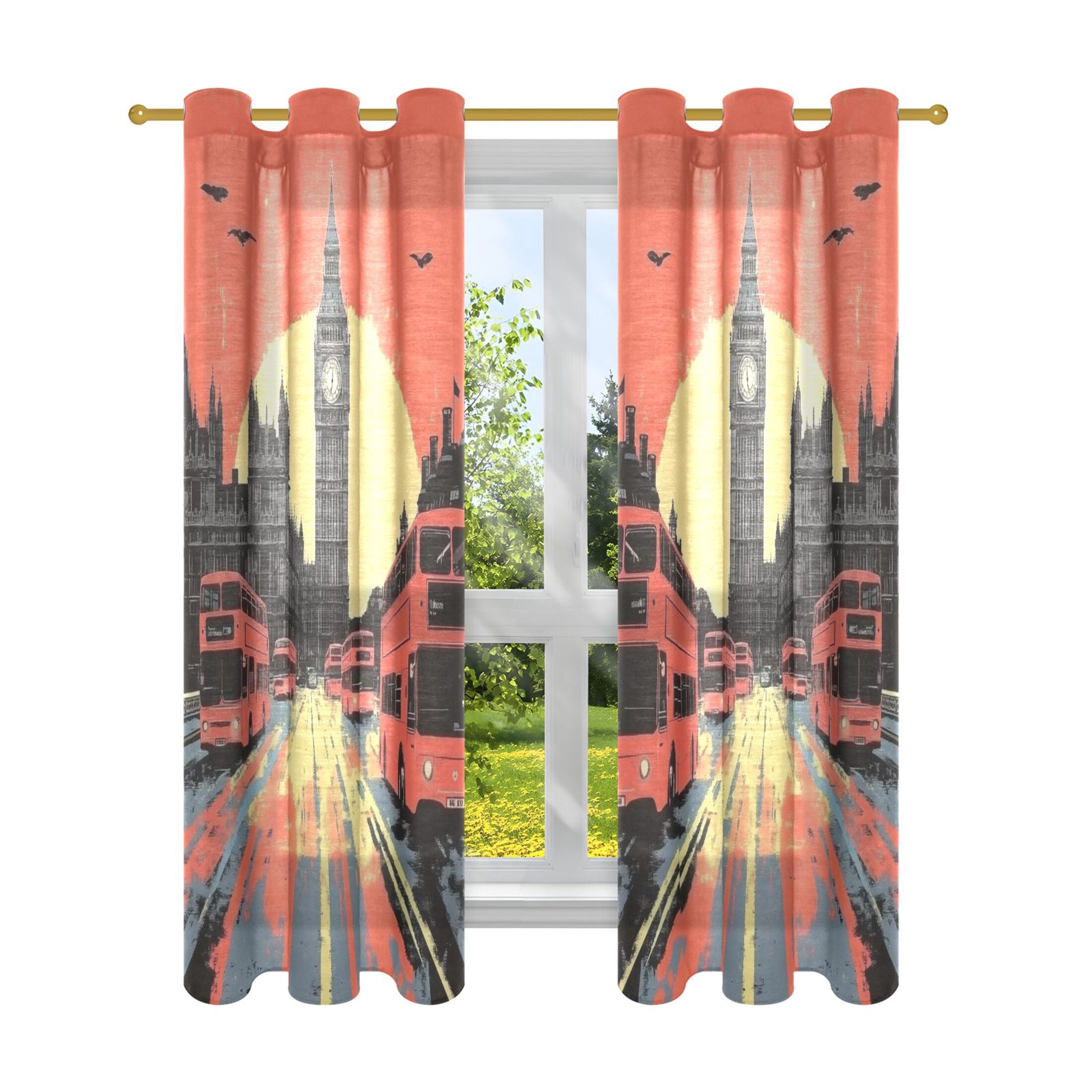 Red Sunset and Bus Semi Sheer Curtains for Living Room Bedroom Set of 2 ...