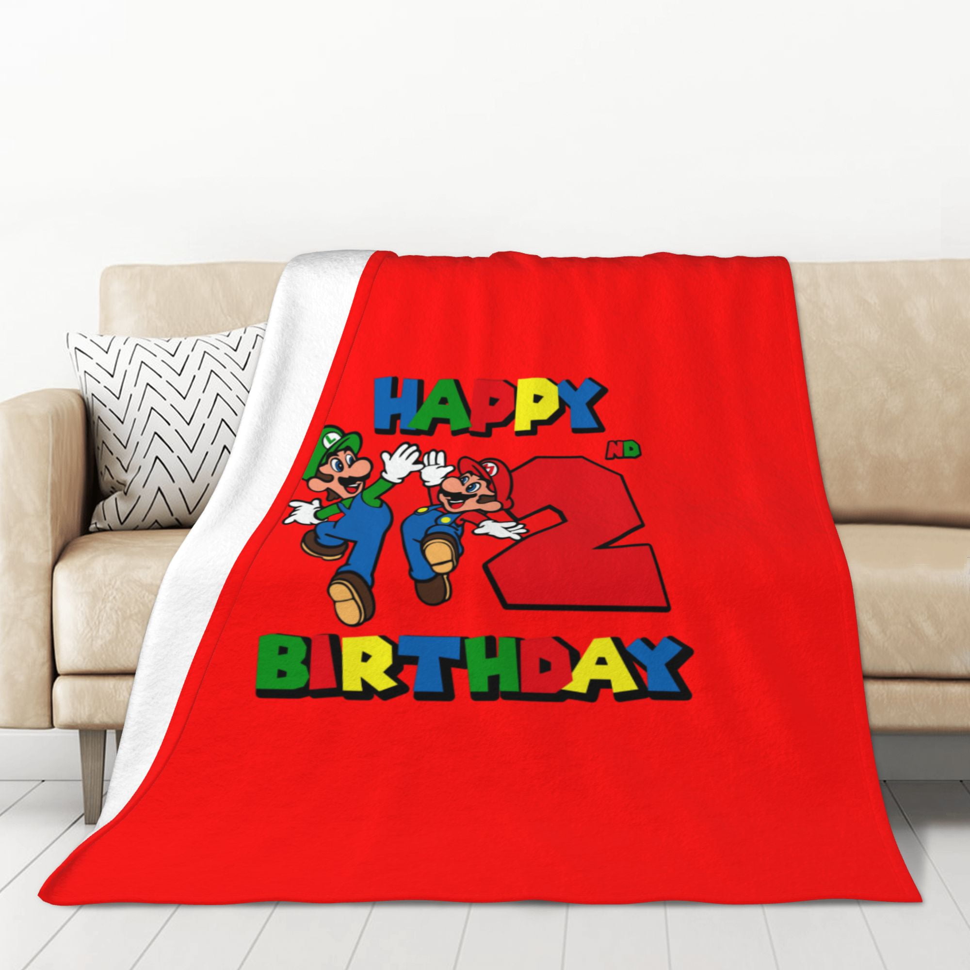 Red Super Mario Happy Birthday 2nd Blanket for Men Women Plush 320GSM-50"x70" Throw Blanket for ...