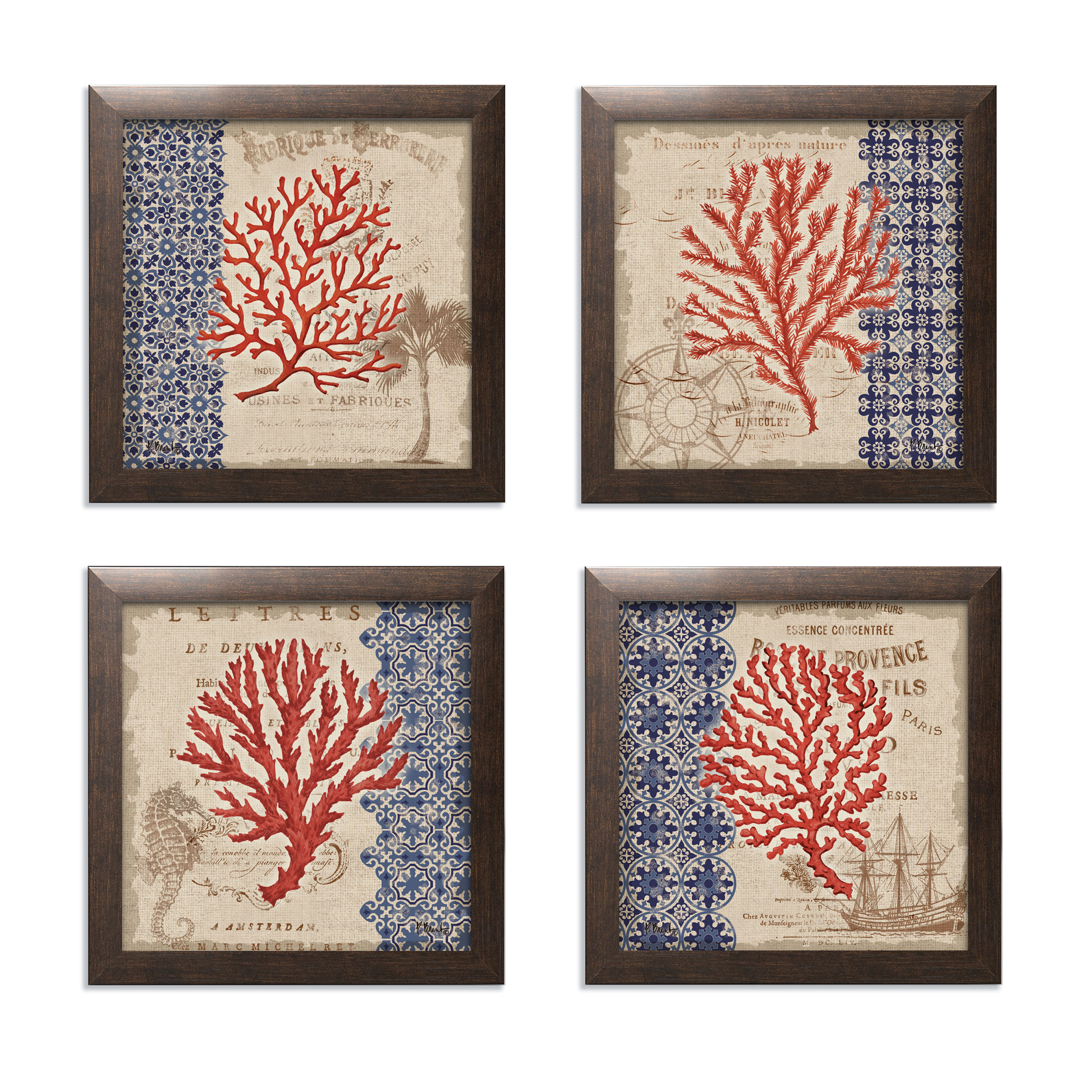 Red Tan and Blue Patterned Coral Adult Coastal Decor; 4 - 12" x 12 ...