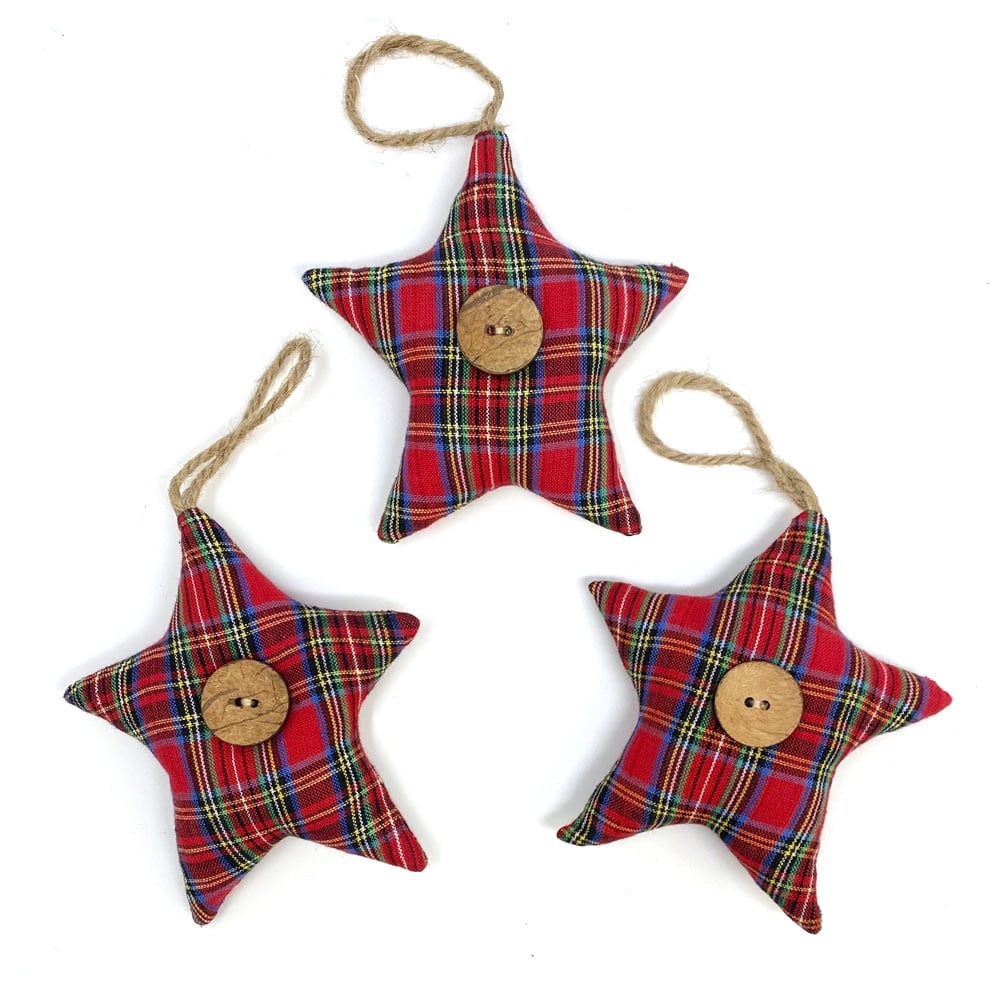 Red Tartan Homespun Fabric Star Christmas Ornaments - Set of 3 - by ...