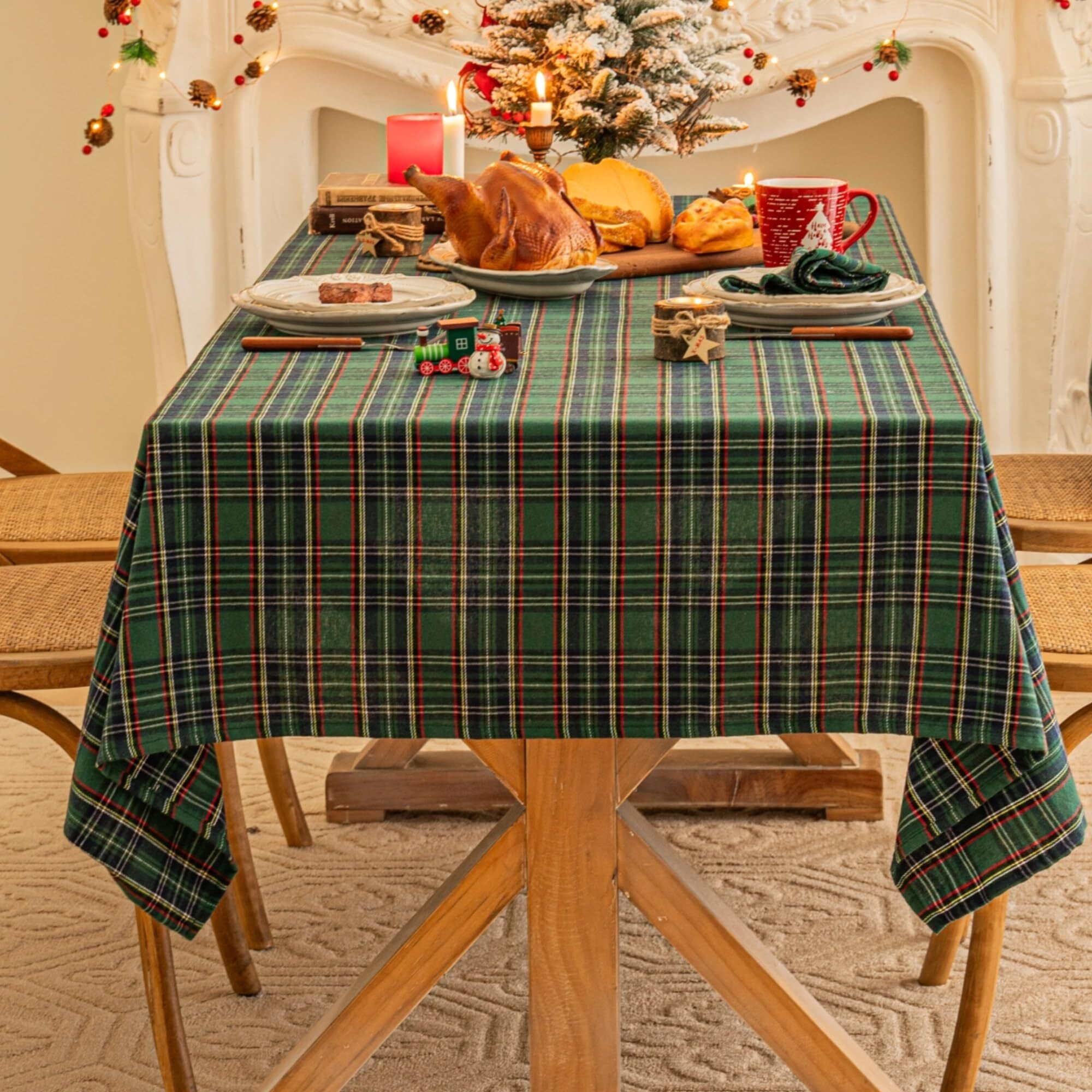 Red Tartan Plaid Snowflake Christmas Tablecloth, Winter Holiday ...