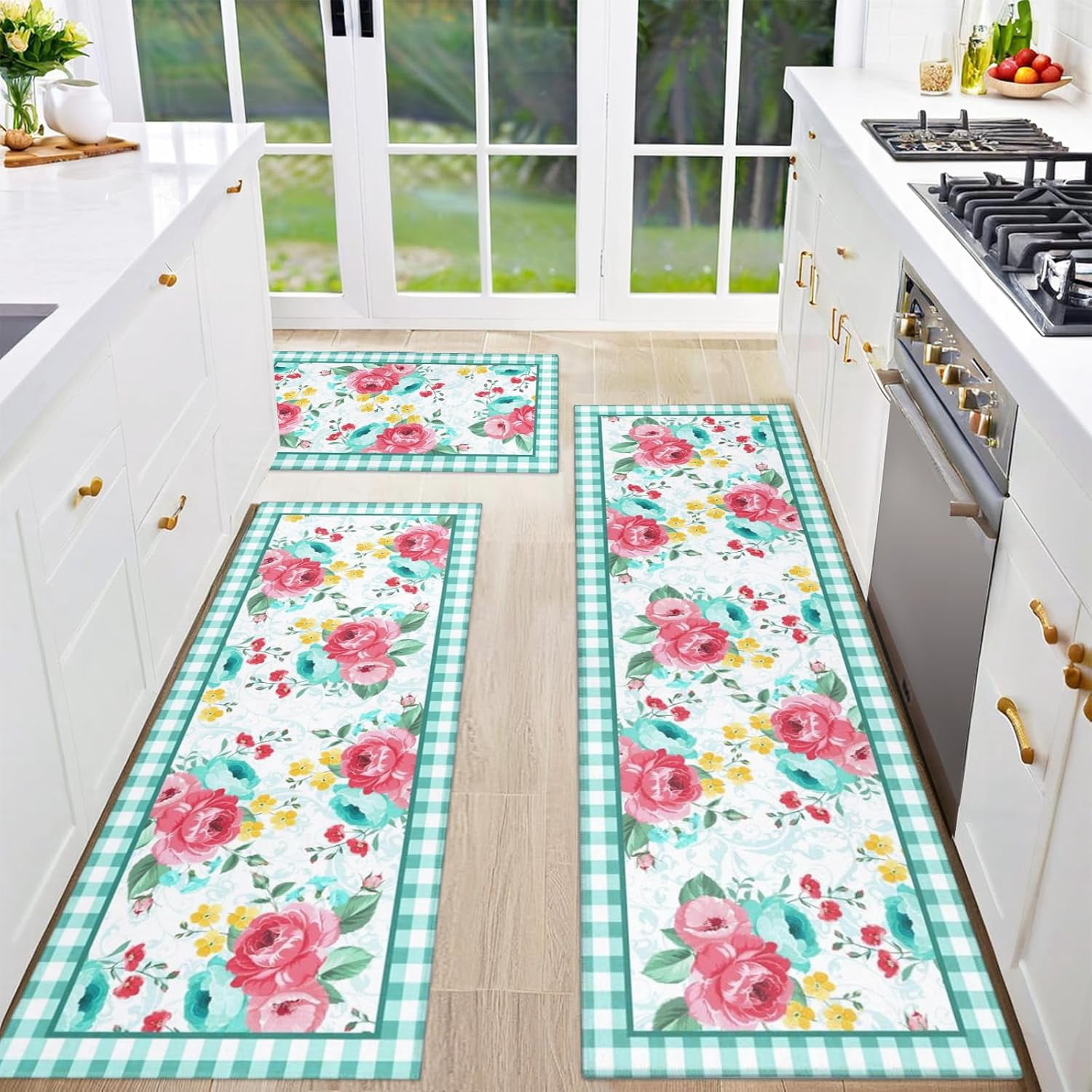 Red Teal Floral Kitchen Rugs and Mats Non-Skid Washable for Floor ...