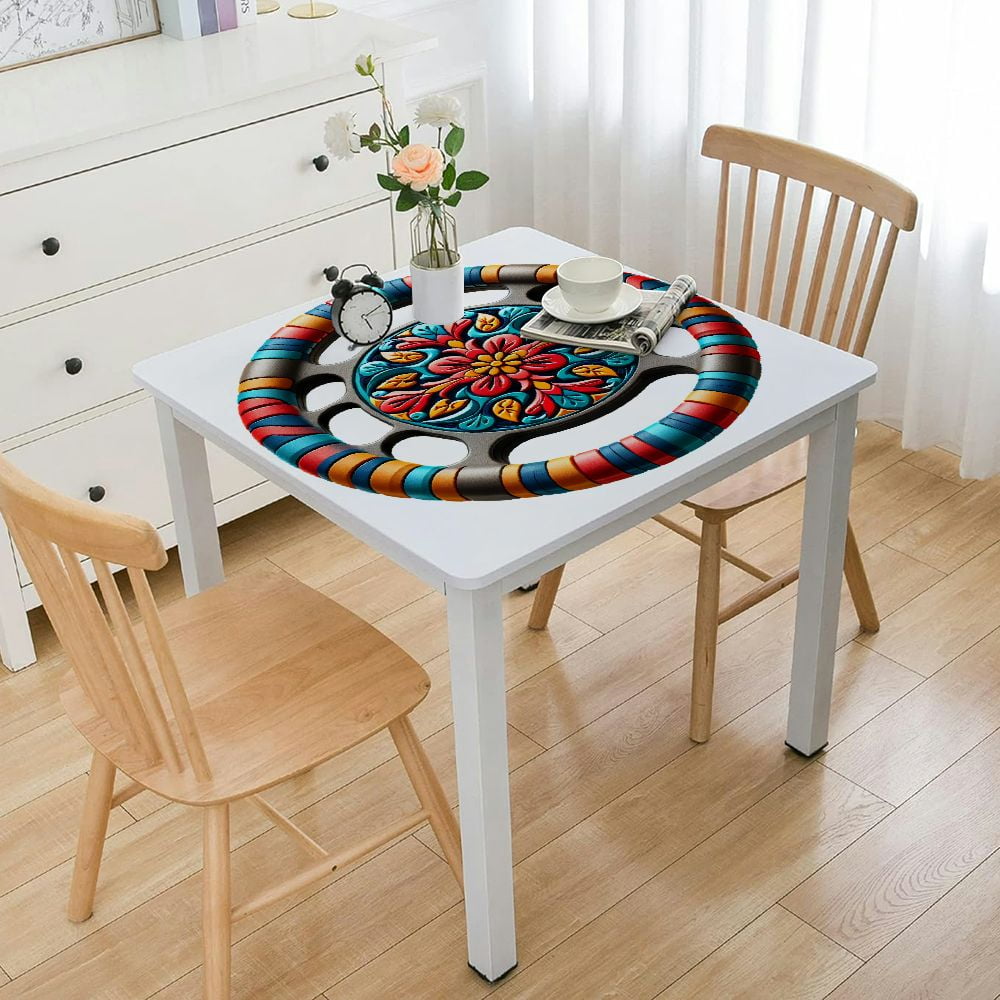 Red Teal Spring Tablecloth, Fitted Table Cover with Elastic for Tables ...