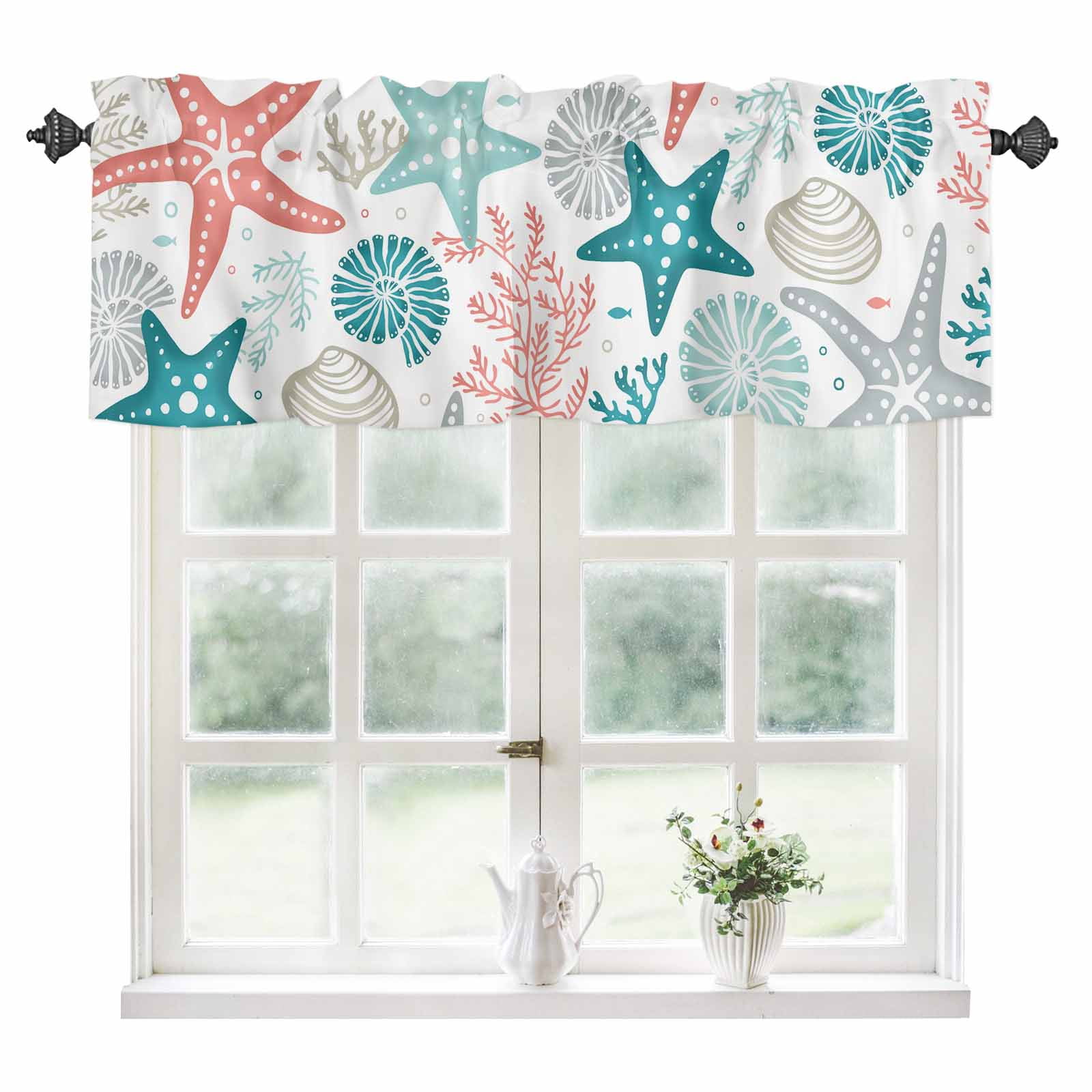 Red Teal Starfish Coastal Kitchen Valances for Windows 42x12 Inch ...