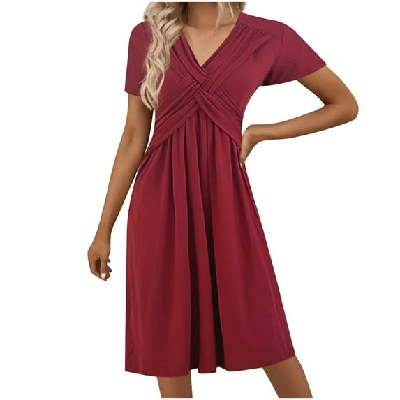 Red Teen Girls Vneck Spandex Dresses for Women Short Sleeve Midi Brunch ...