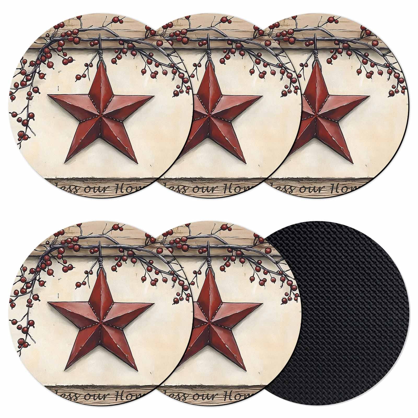 Red Texas Star Rustic Coasters Set of 6, Country Star Berries Wooden ...