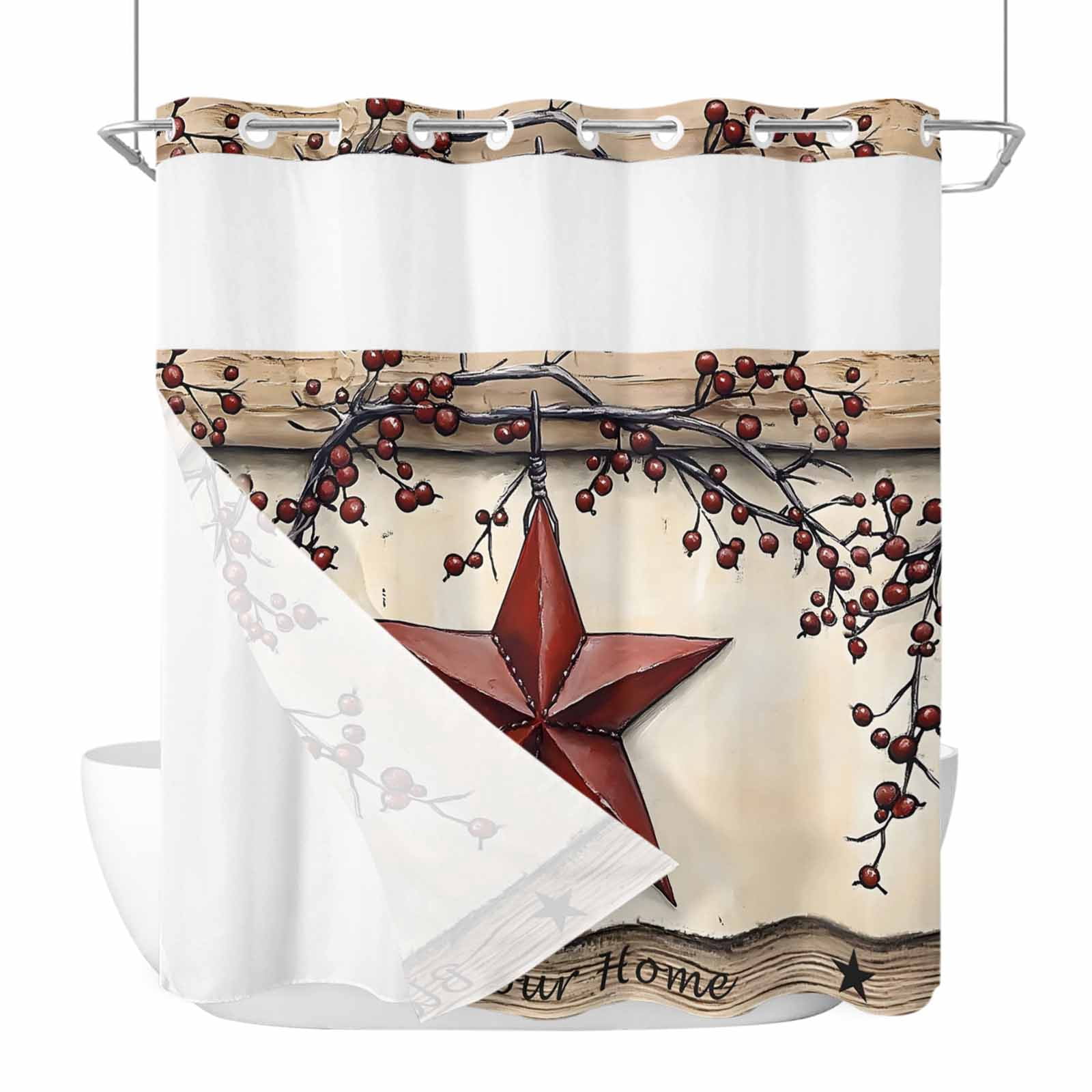 Red Texas Star Rustic No Hook Shower Curtain Waterproof, Bathroom ...