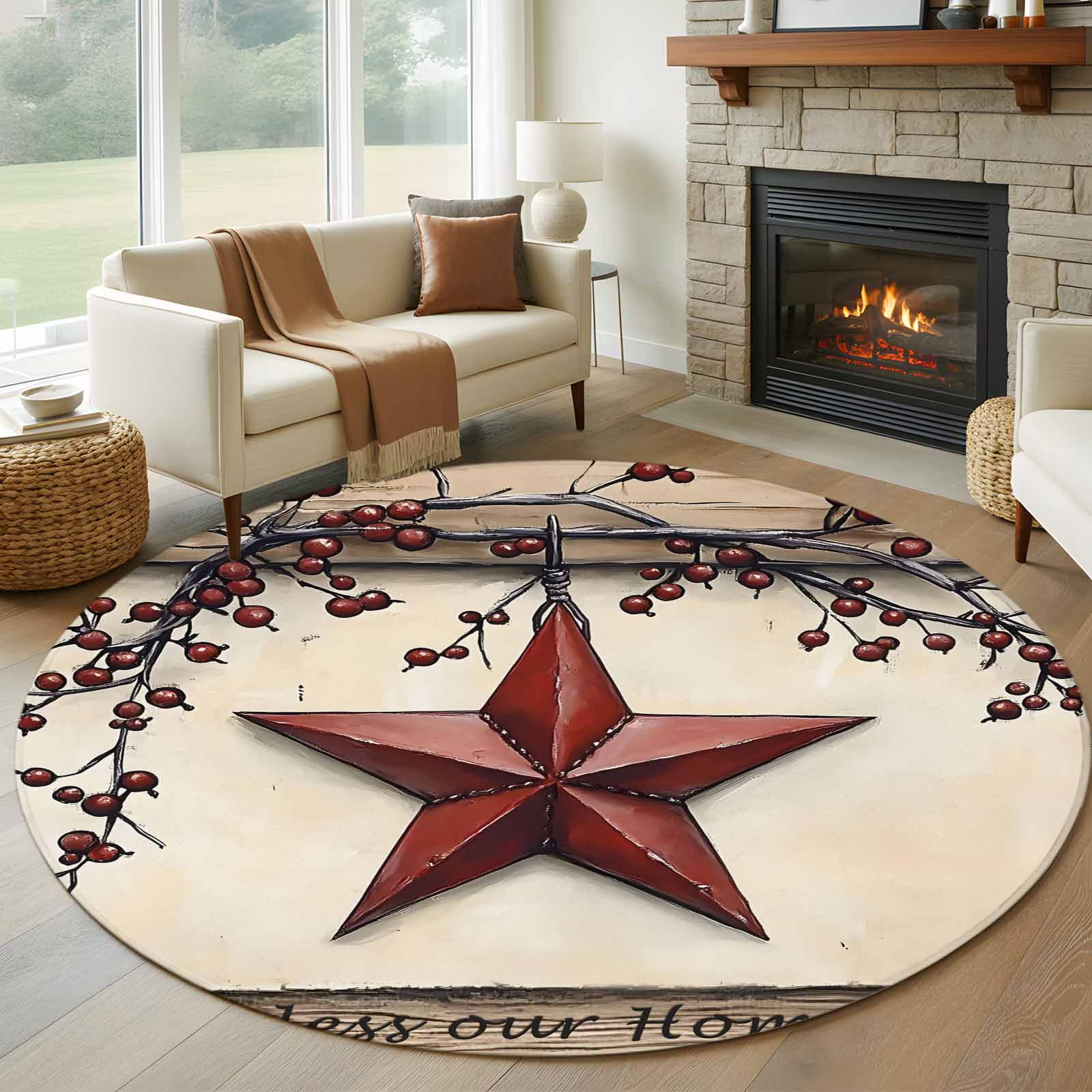 Red Texas Star Rustic Round Area Rug 6 FT, Non Slip Bedroom Area Rug ...
