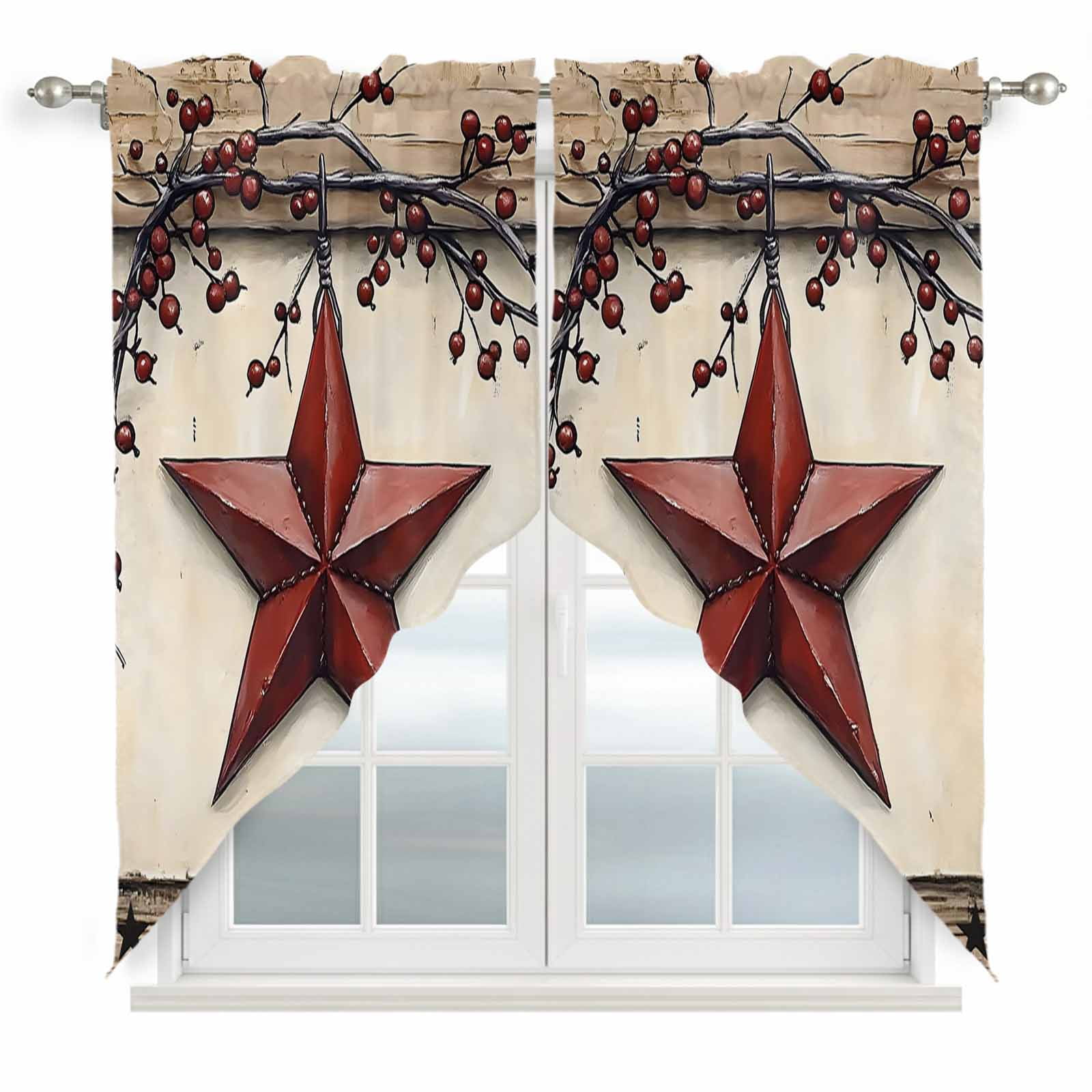 Red Texas Star Rustic Swag Curtains Country Star Berries Wooden Swag ...