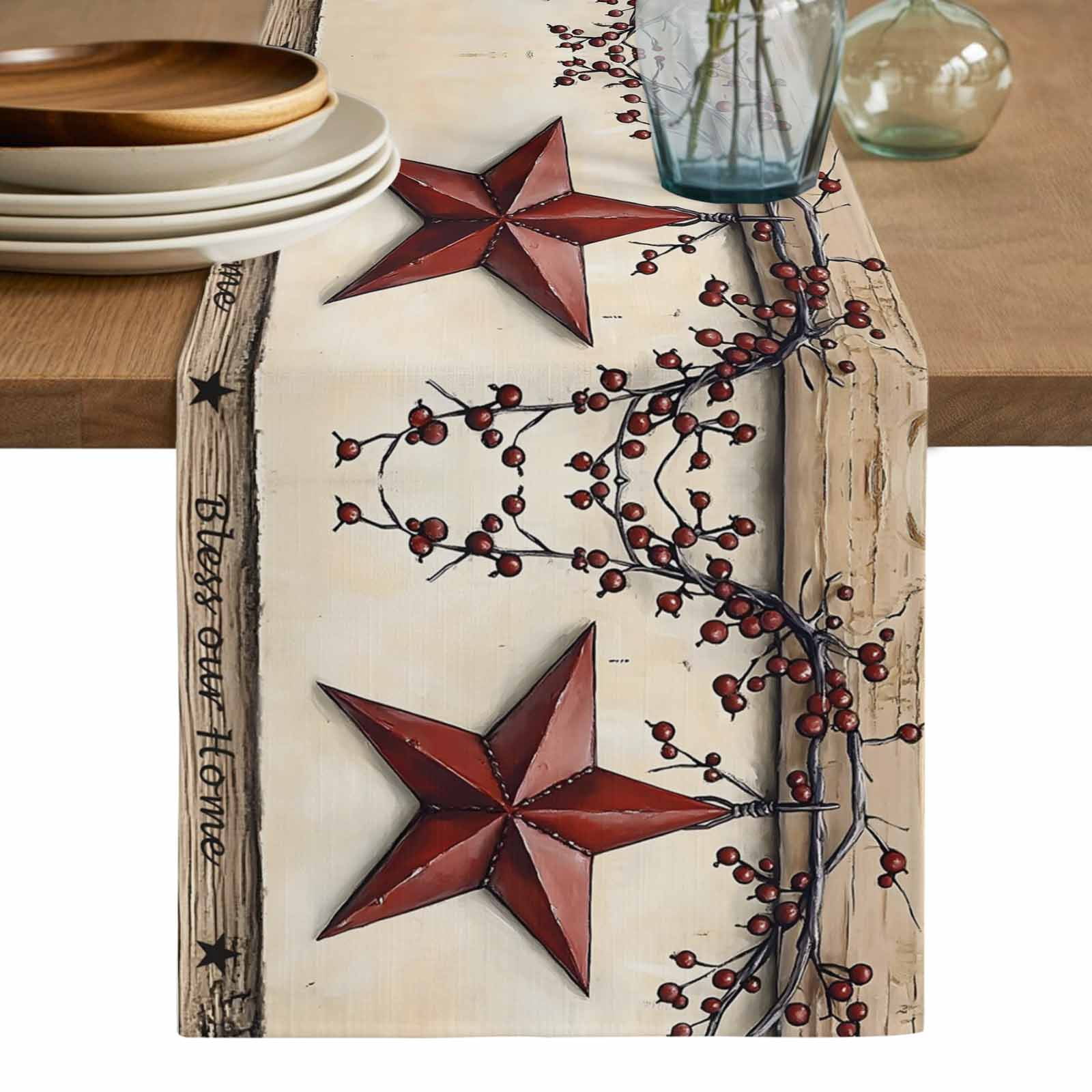 Red Texas Star Rustic Table Runner, Country Star Berries Wooden ...