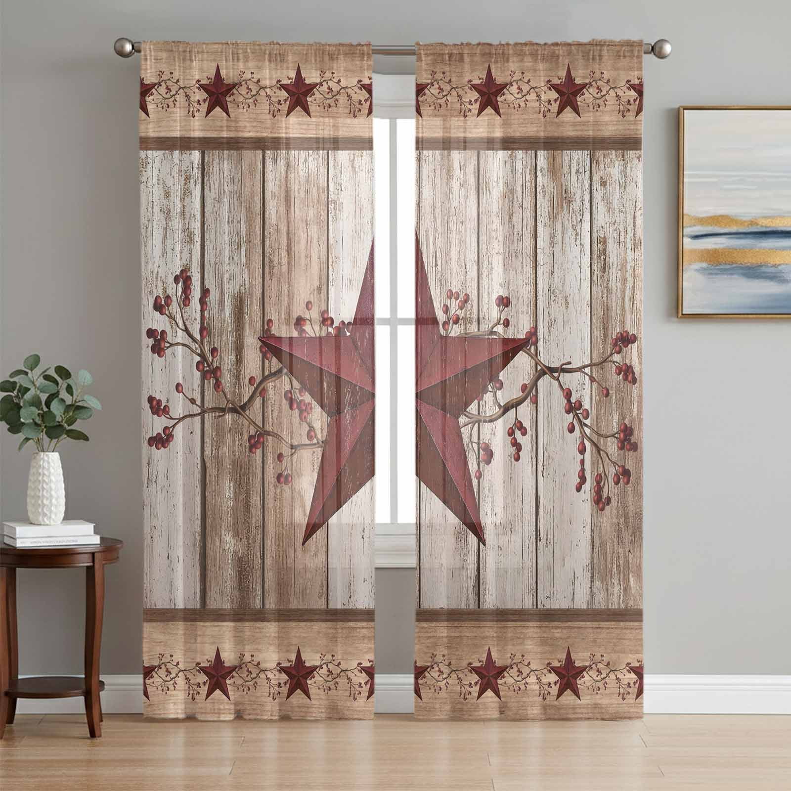Red Texas Star Vintage Sheer Curtains 96 Inch Length 2 Panels Set ...