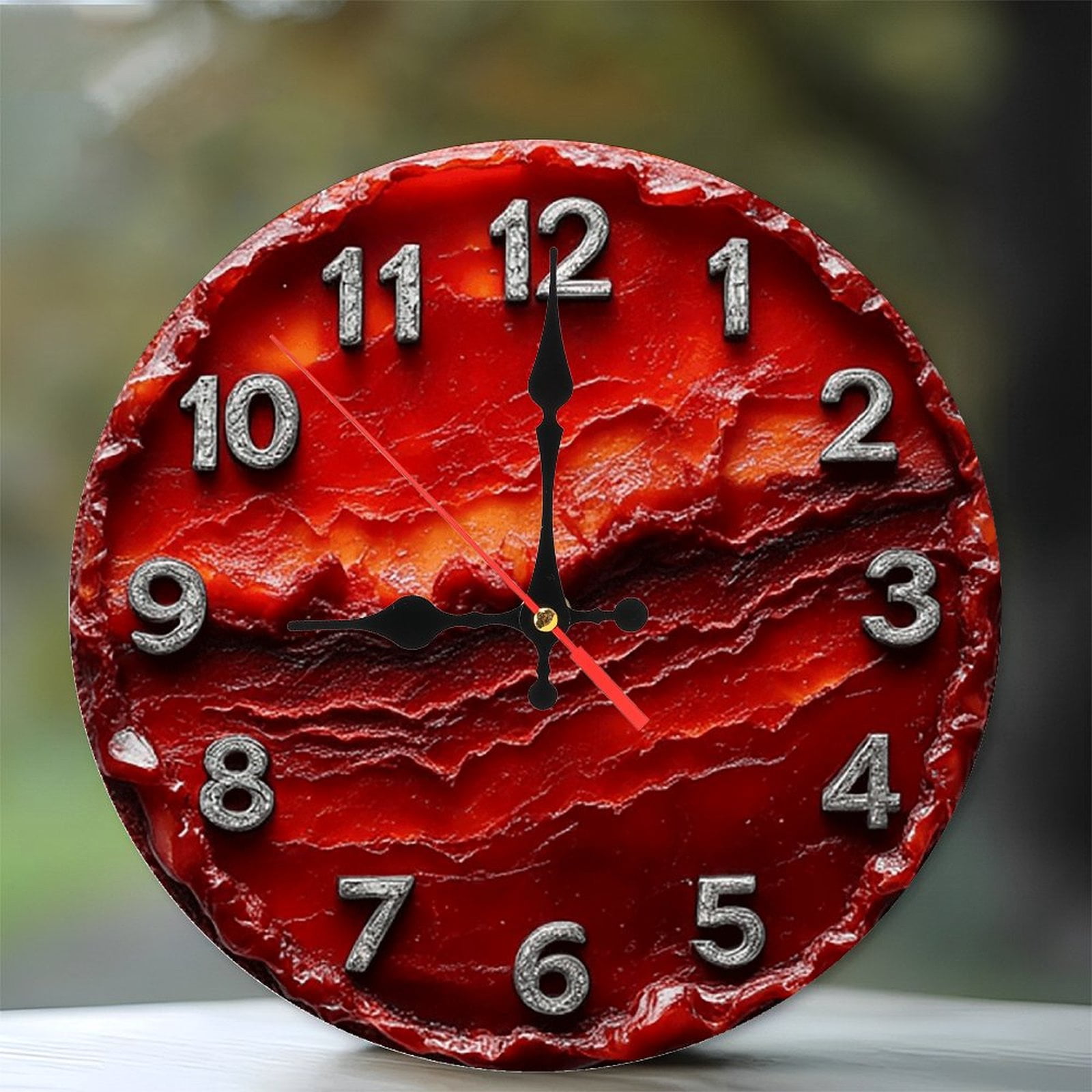 Red Textured Wall Clock Unique Design 10-Inch Silent Wooden Wall Clock ...