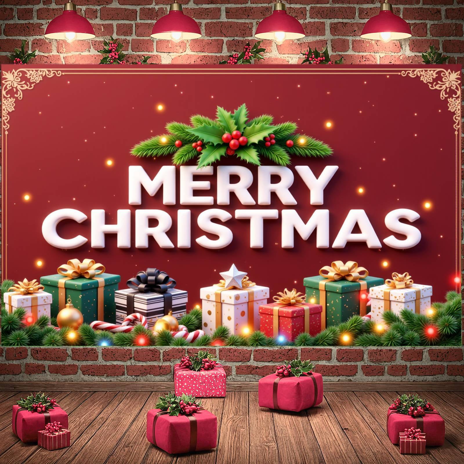Red Theme Merry Christmas Banner Gold Decor Christmas Banner Festive ...