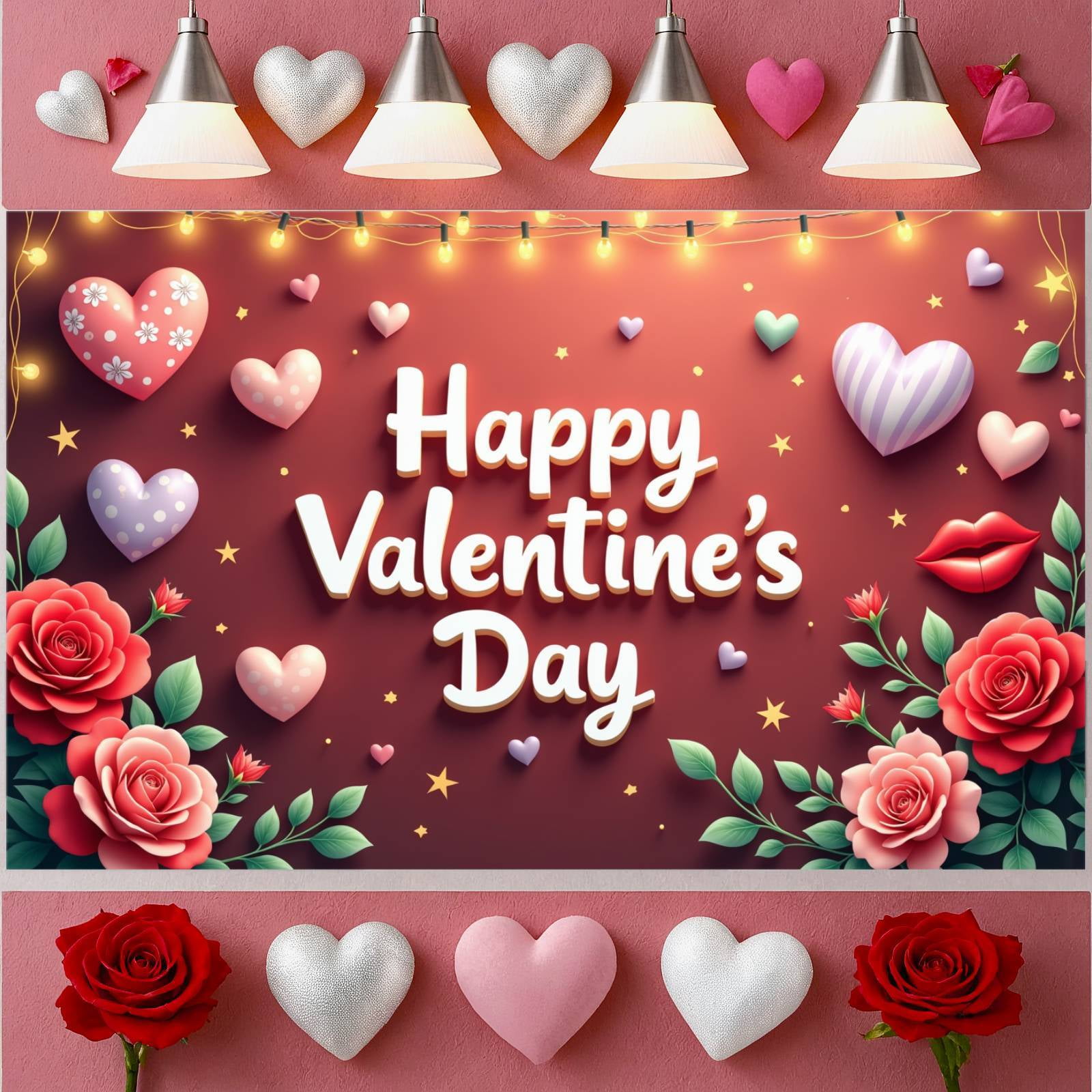 Red Theme Valentine's Banner Heart Shape Love Display Rose Decor ...