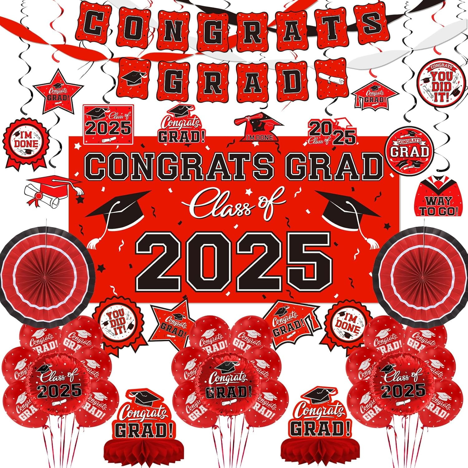 Red Themed 2025 Graduation Decorations Set - Congrats Grad Banner, Class of 2025 Backdrop ...